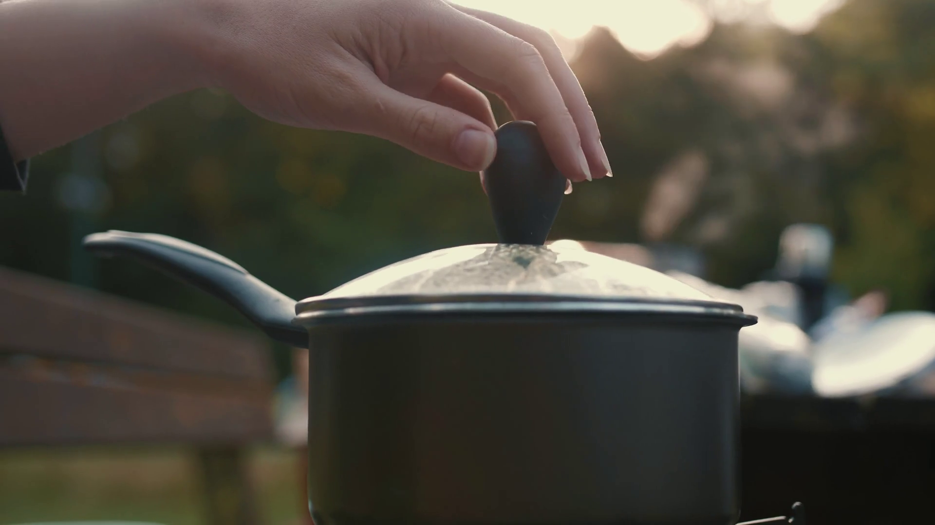 Cooking Outdoors Сinematic Shot Of Pot Lid Stock Footage SBV-347730658 ...
