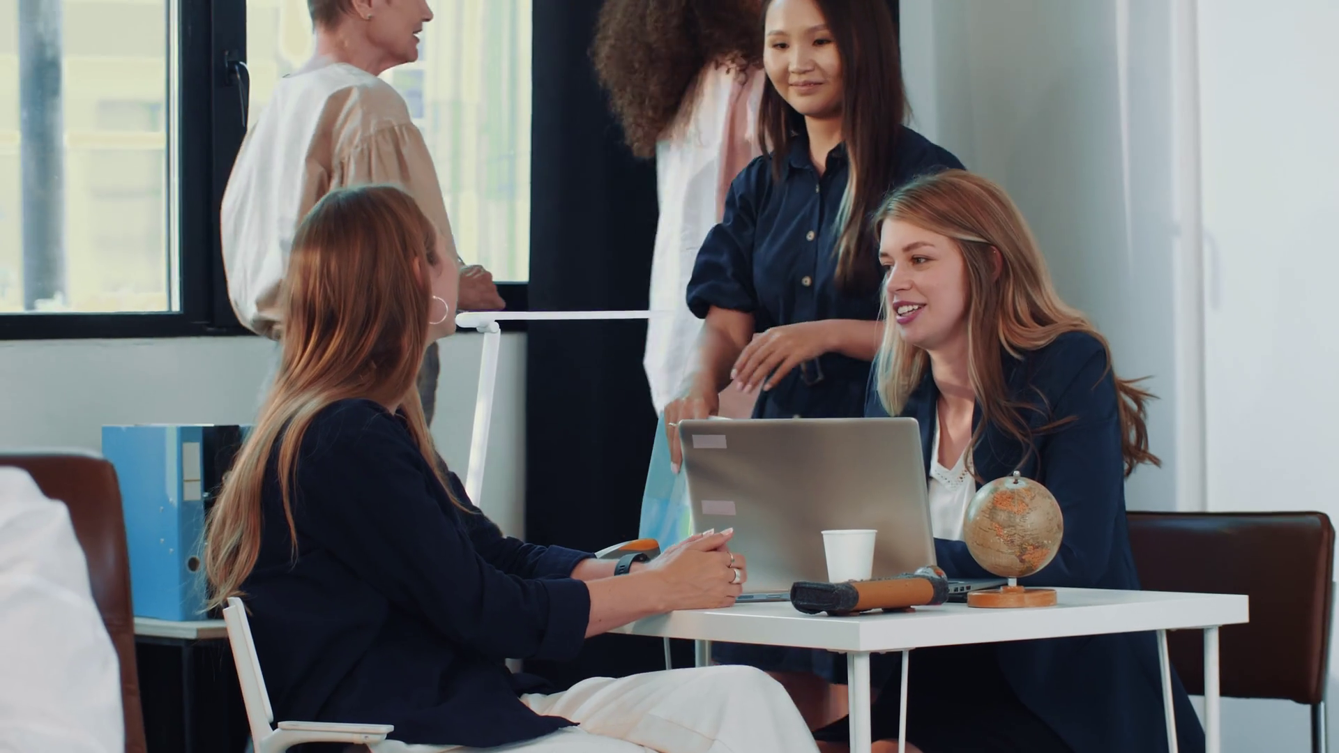 Colleagues Chat Smile Working At Office Stock Footage SBV-347726028 ...