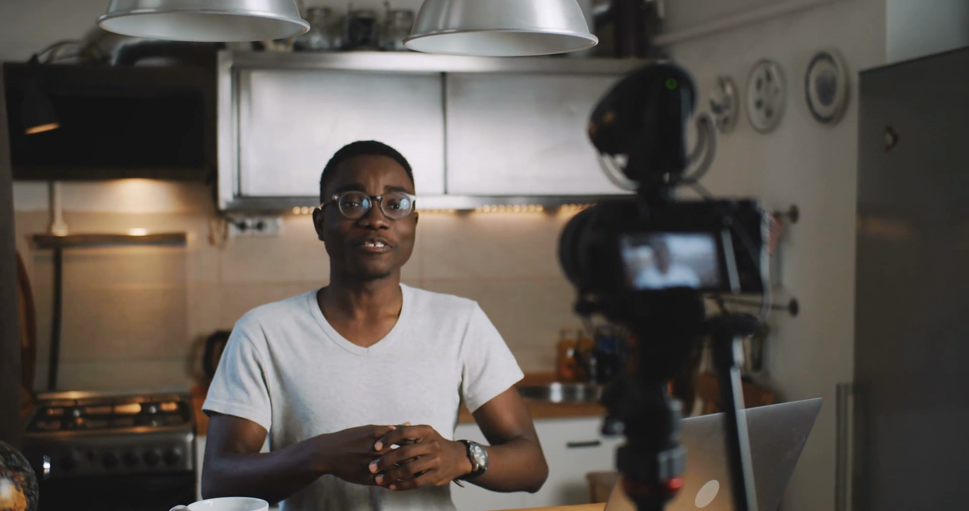 Young Blogger Filming Vlog In Kitchen At Stock Footage SBV-338015294 ...