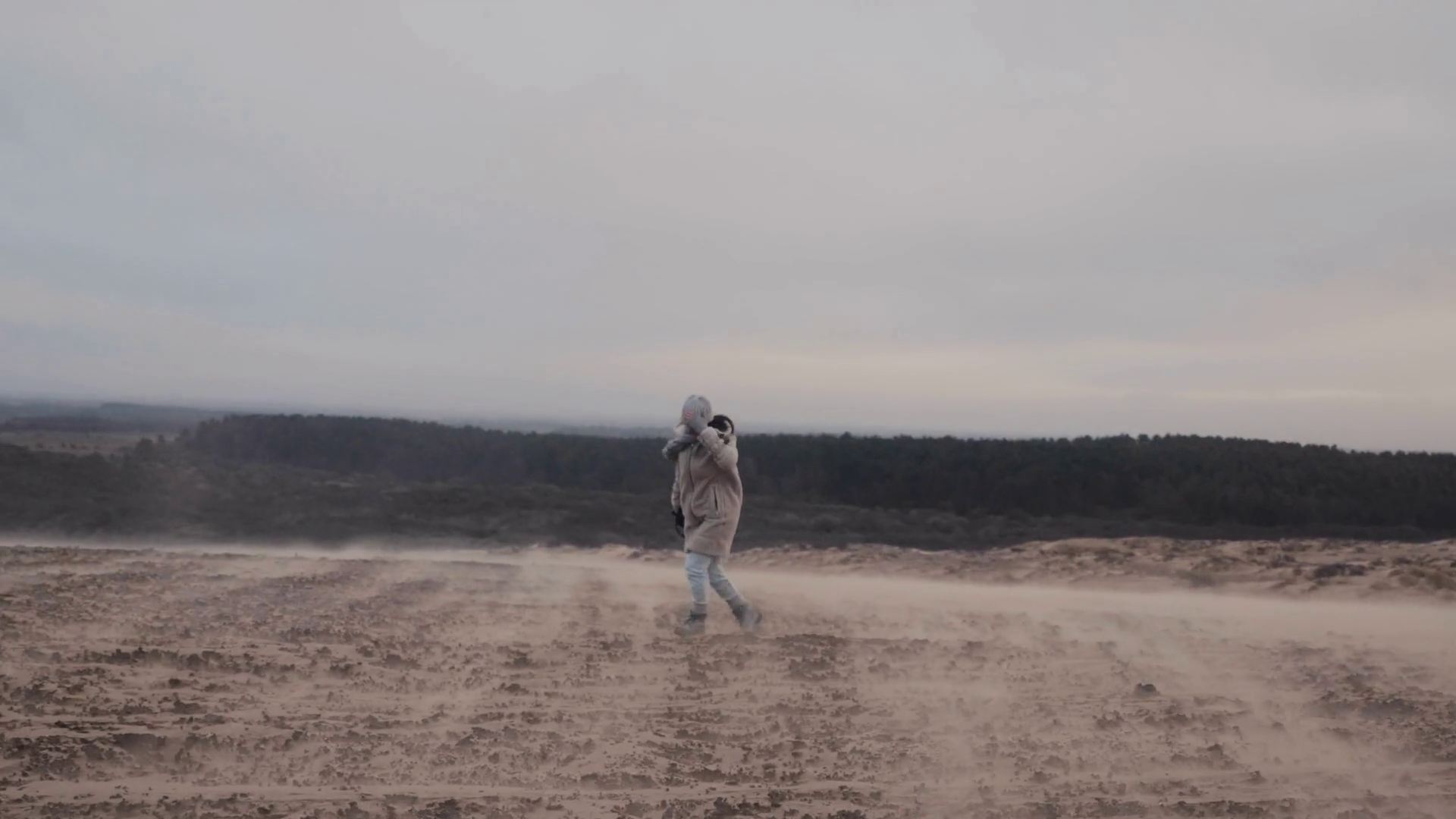 Wide background shot, young female tourist struggles to walk under ...