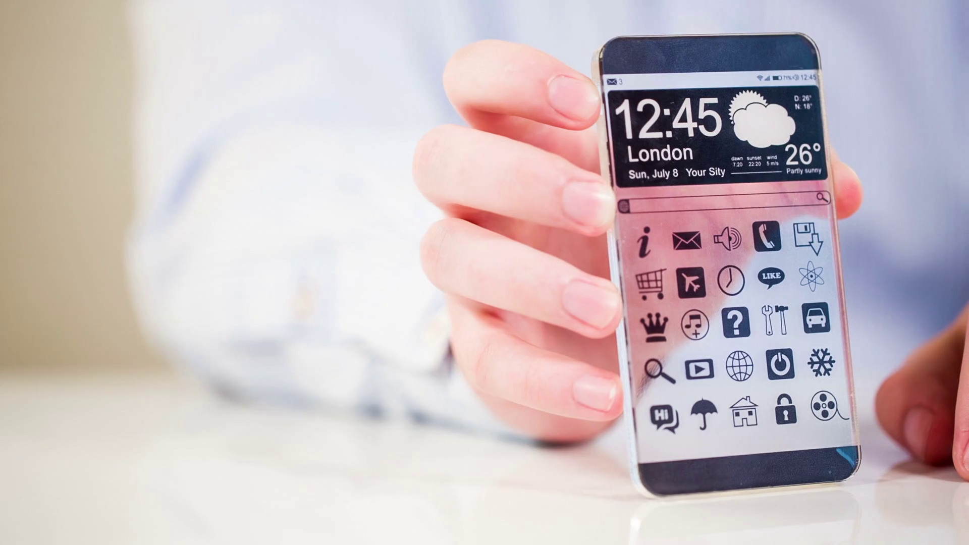 Futuristic Smart phone (phablet) with a transparent display in human ...