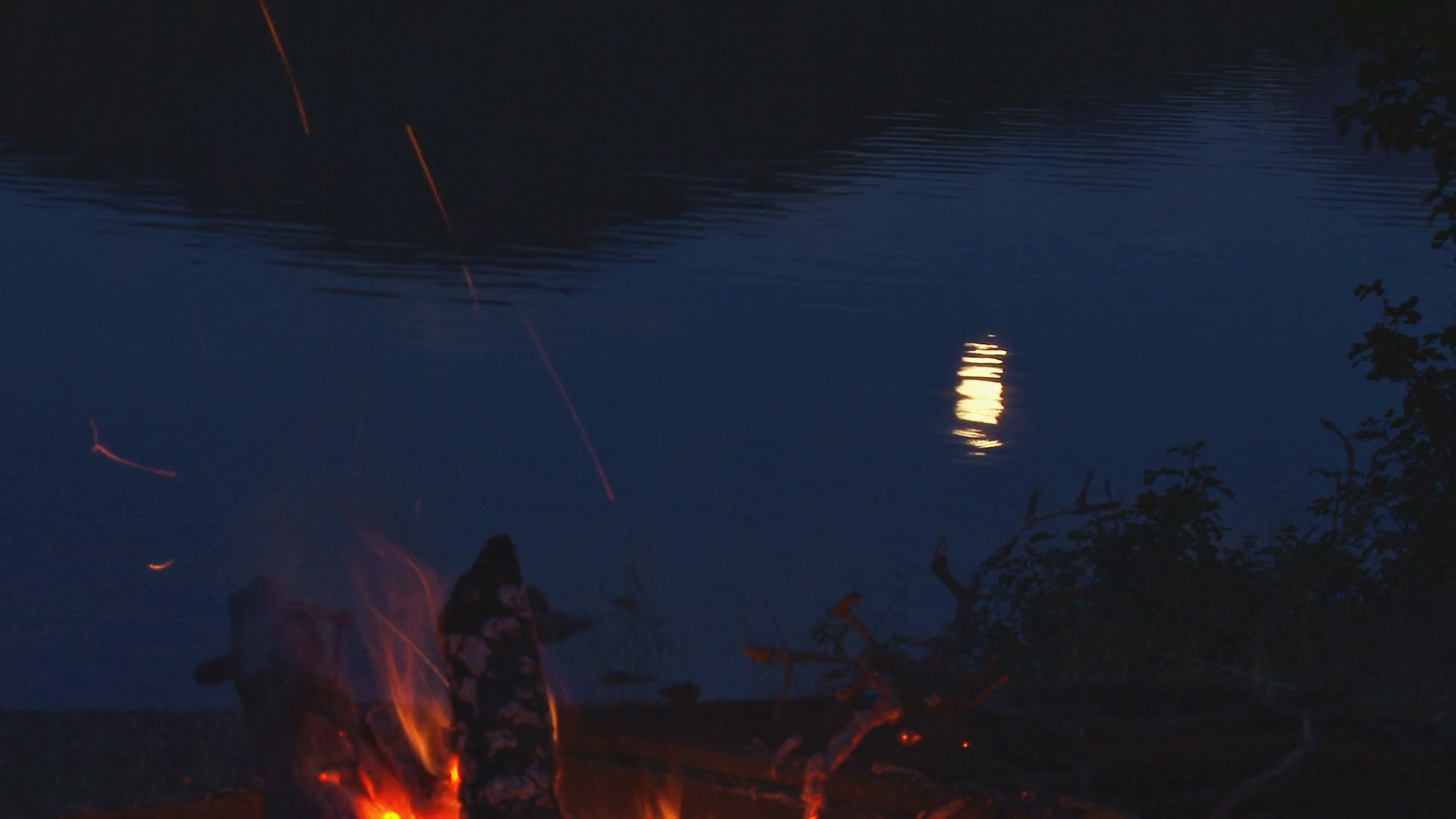 Moon Reflection On Lake Campfire Stock Footage SBV-300129227 - Storyblocks