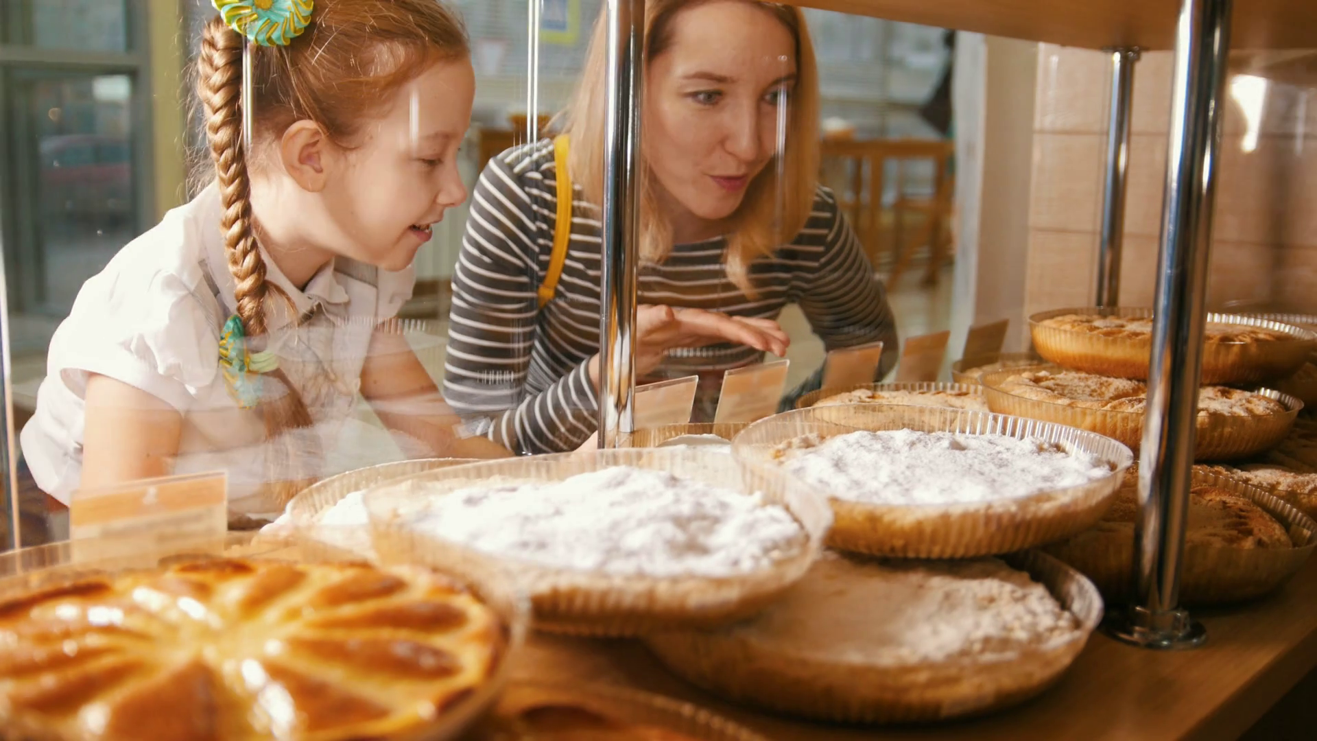 Girl With Pigtail Mom Look At Pies In Window Stock Footage SBV ...
