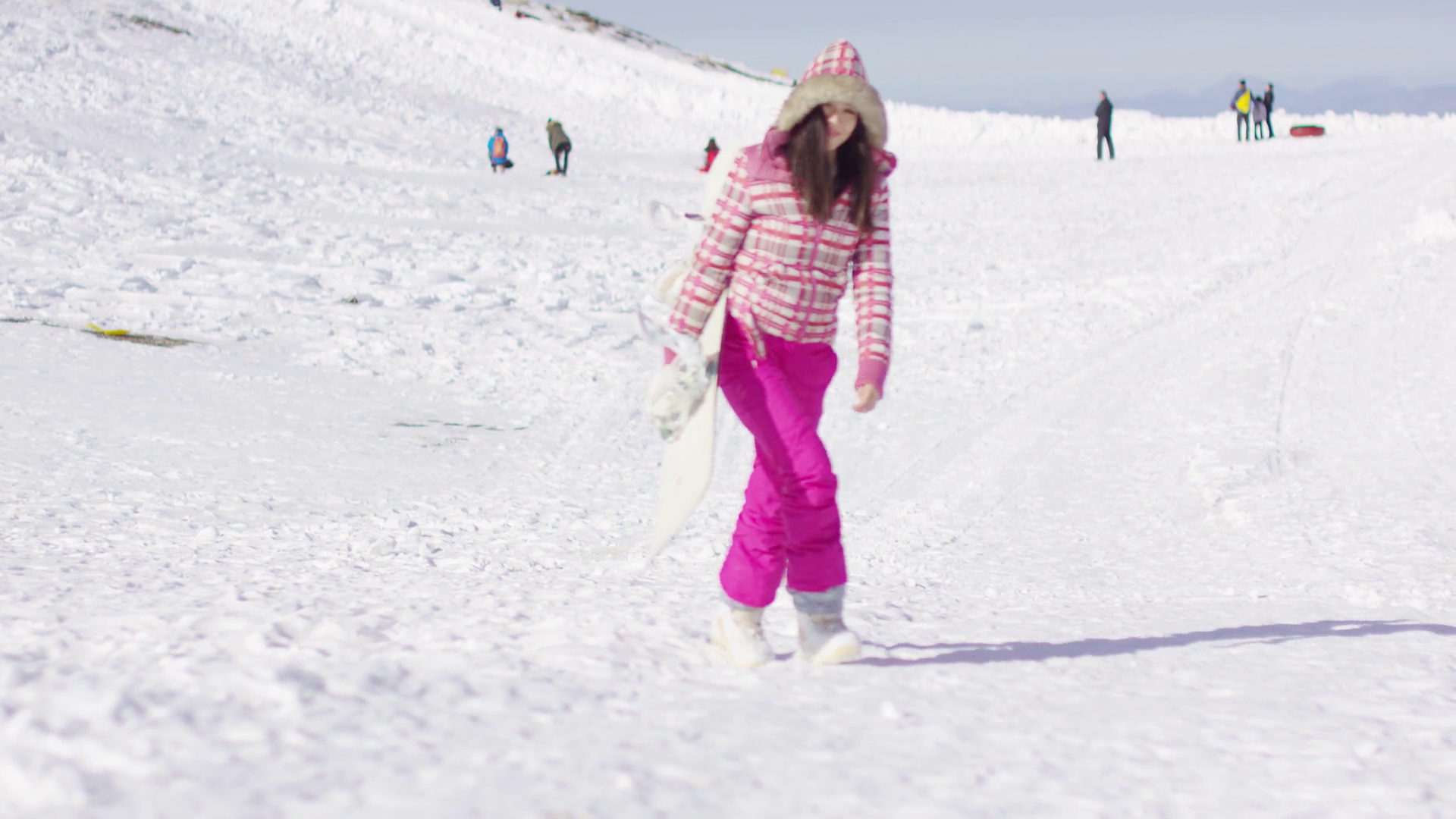 Woman In Pink Snowsuit Snowboarding On Ski Stock Footage SBV-311843228 ...