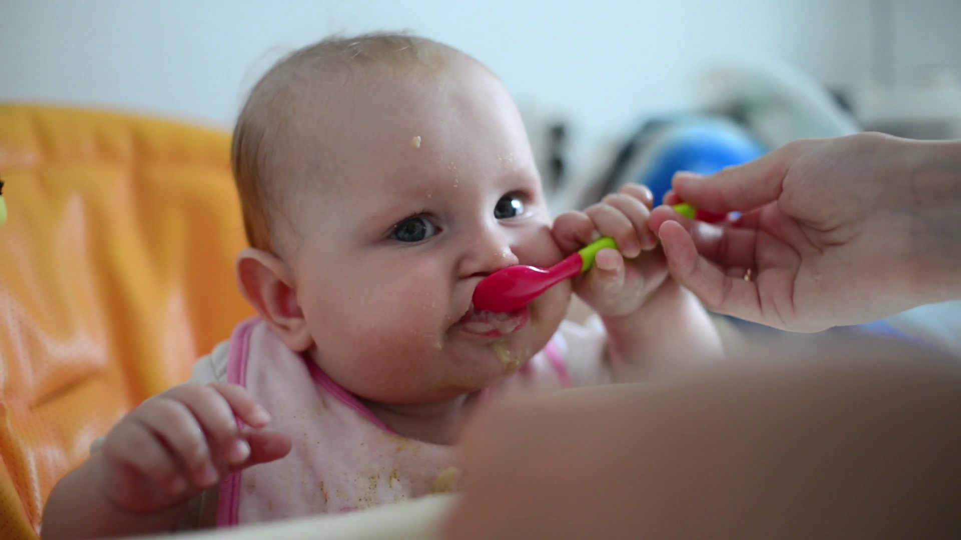 The Child Eagerly Eating Baby Food With Spoon Stock Footage SBV ...