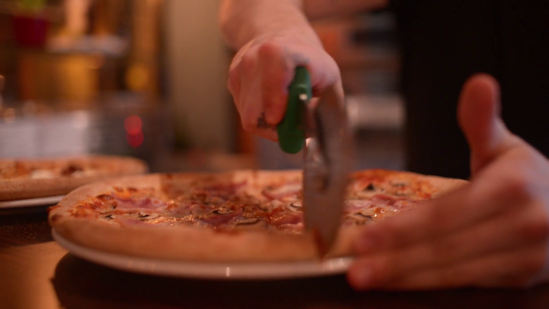 Cook Cutting Pizza To Pieces At Pizzeria Stock Footage SBV-320799647 ...