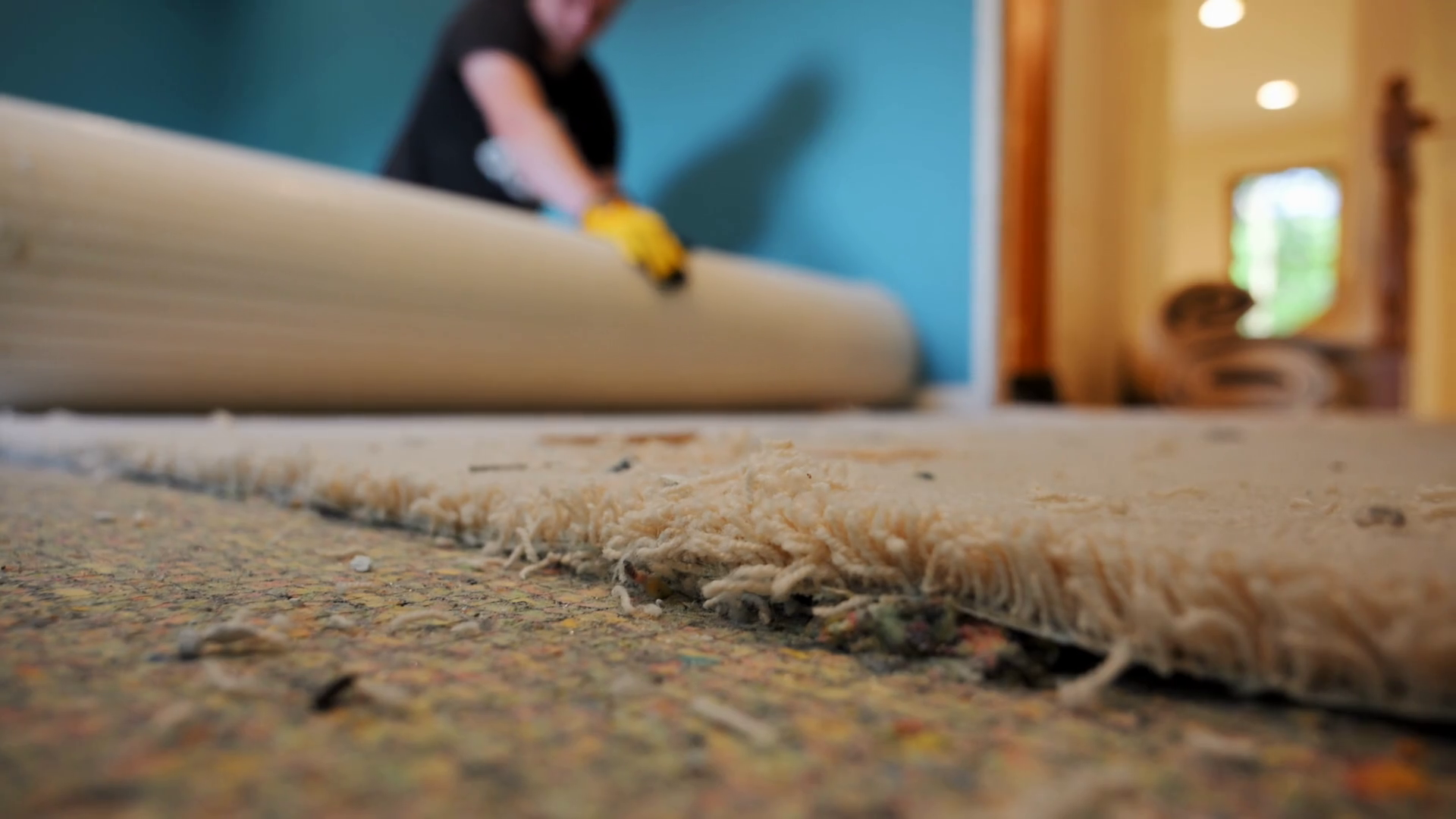 Carpenter Rolling Old Carpet In Rolls During Stock Footage SBV ...