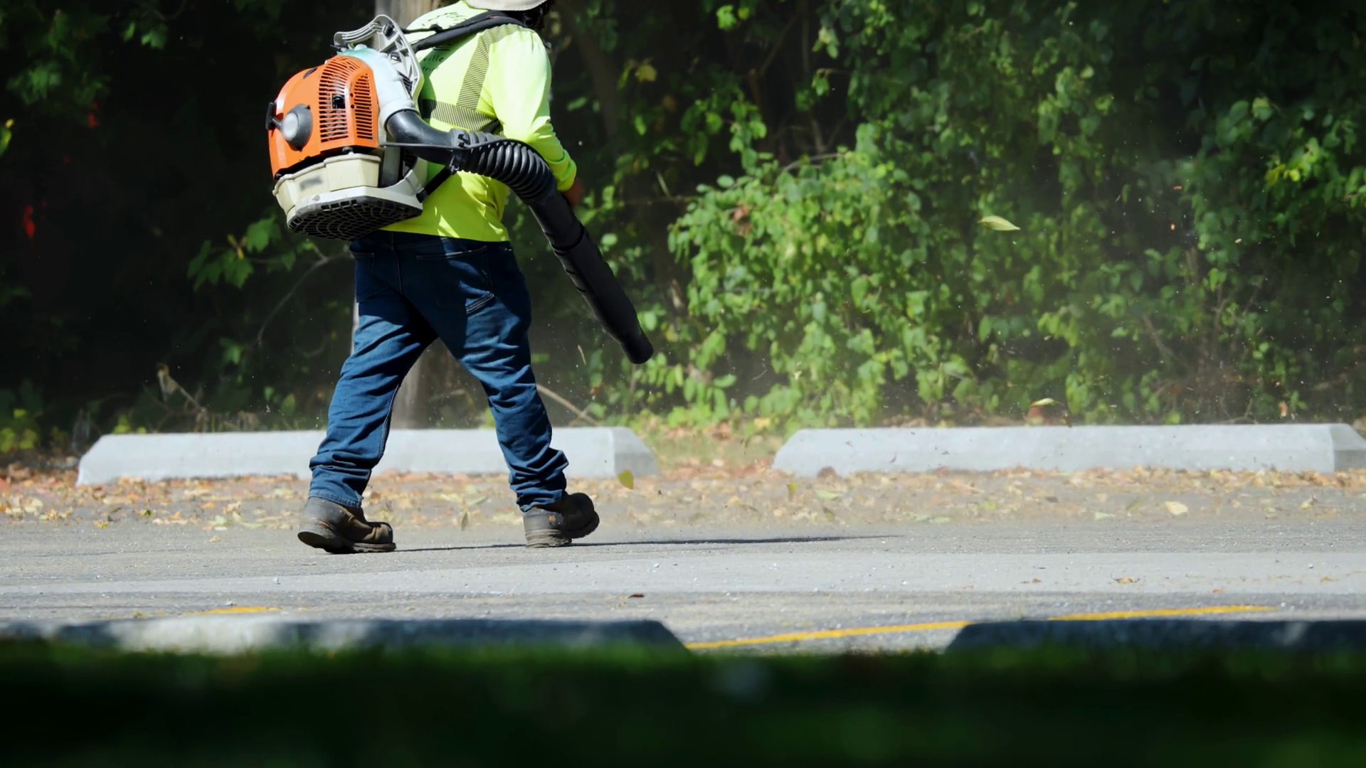 Worker Using Leaf Blower To Clear Fallen Stock Footage SBV-353026718 ...