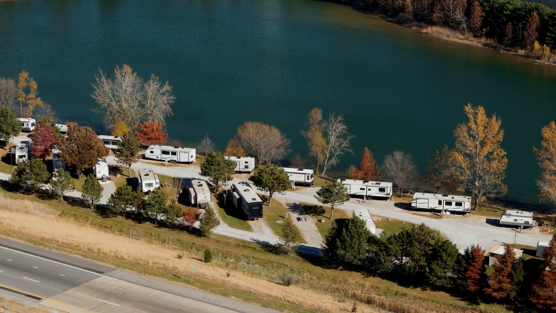Aerial View Of Rv Campground Lined Along Stock Footage SBV-353232809 ...