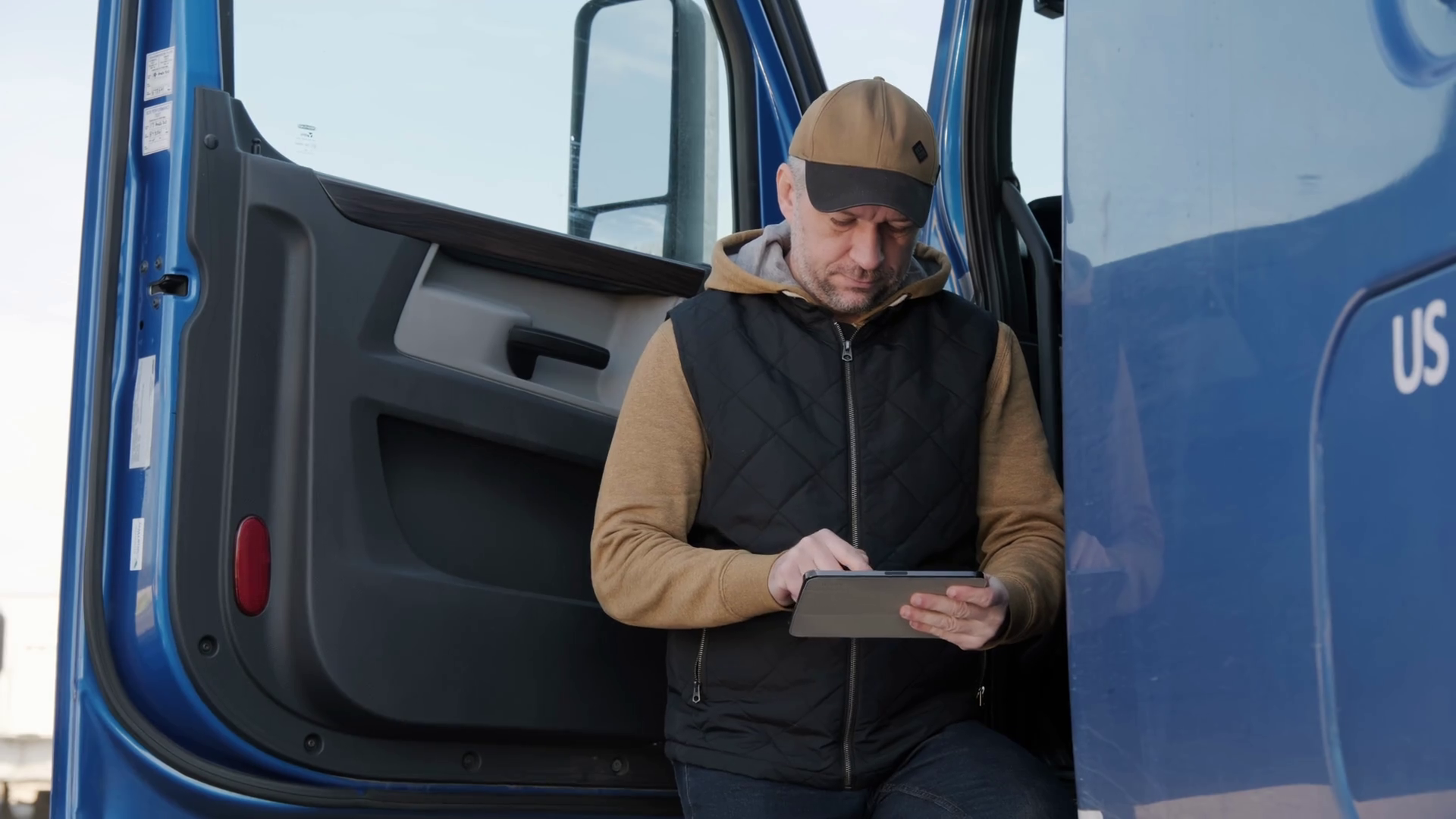 Portrait Of Truck Driver Driver Uses Tablet Stock Footage SBV-347299524 ...