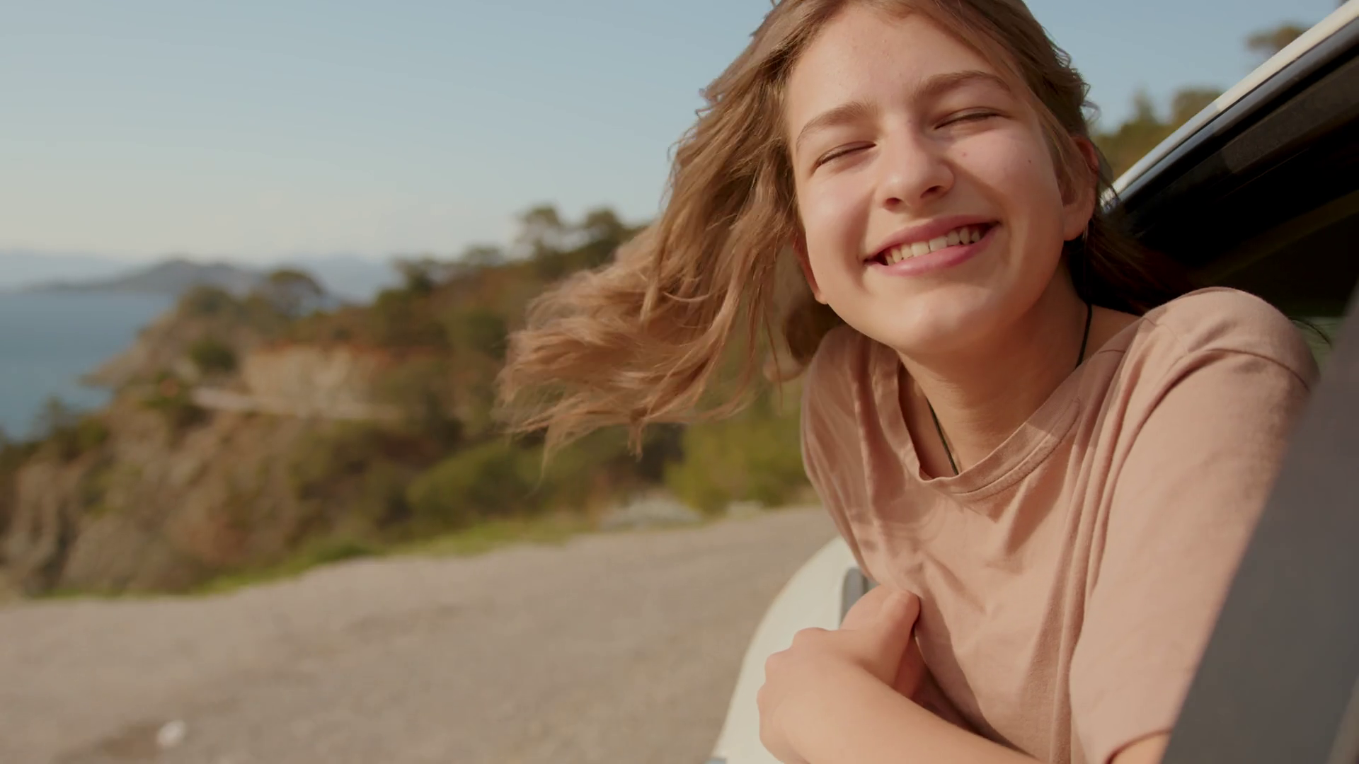 Child Leaned Out Of Car Window Smiling With Stock Footage SBV-347565966 ...