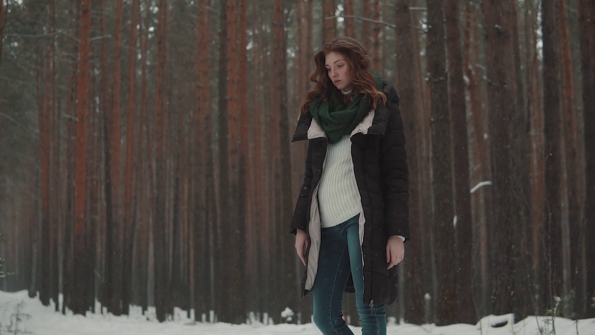 Sad Strange Girl In Forest During Snowfall Stock Footage SBV-323943931 ...