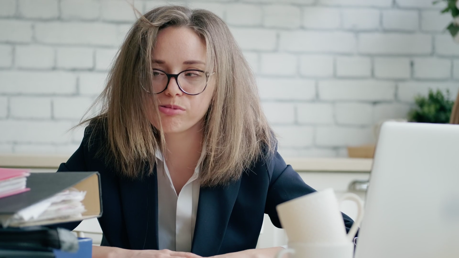 Tired Exhausted Woman Sits At Workplace Stock Footage SBV-338763805 ...
