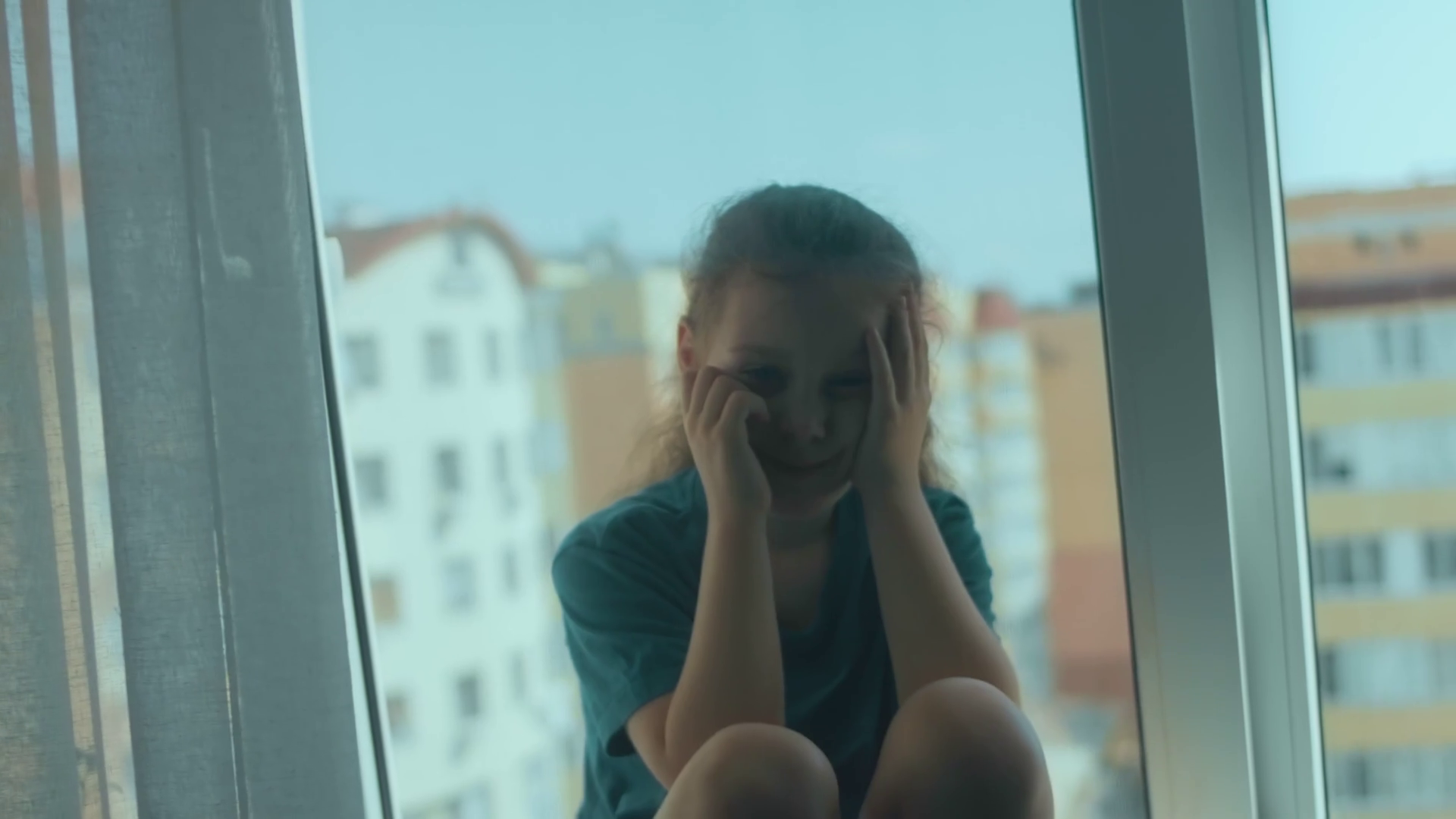 Sad Little Girl Crying Sitting Alone On Stock Footage SBV-348523492 ...