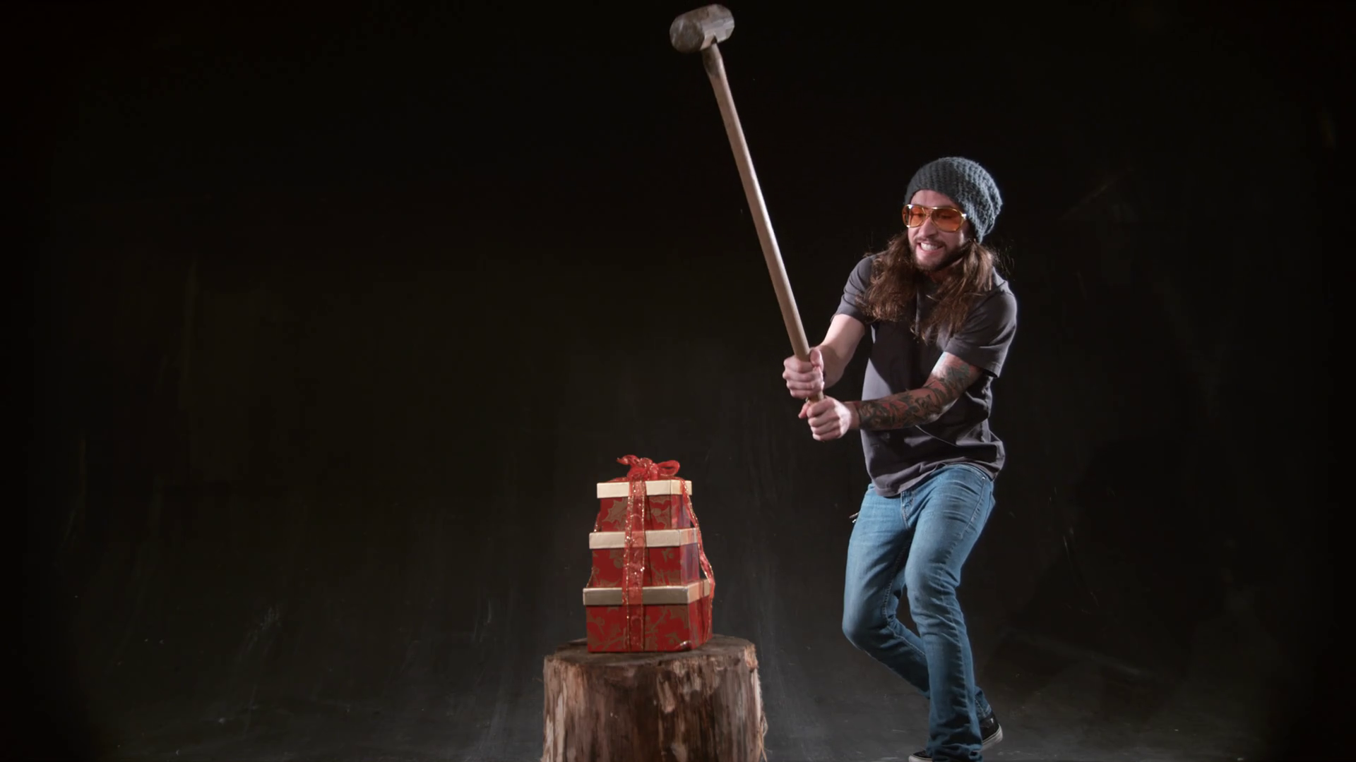 Man Smashing Christmas Gift With Hammer In Stock Footage SBV-347608190 ...