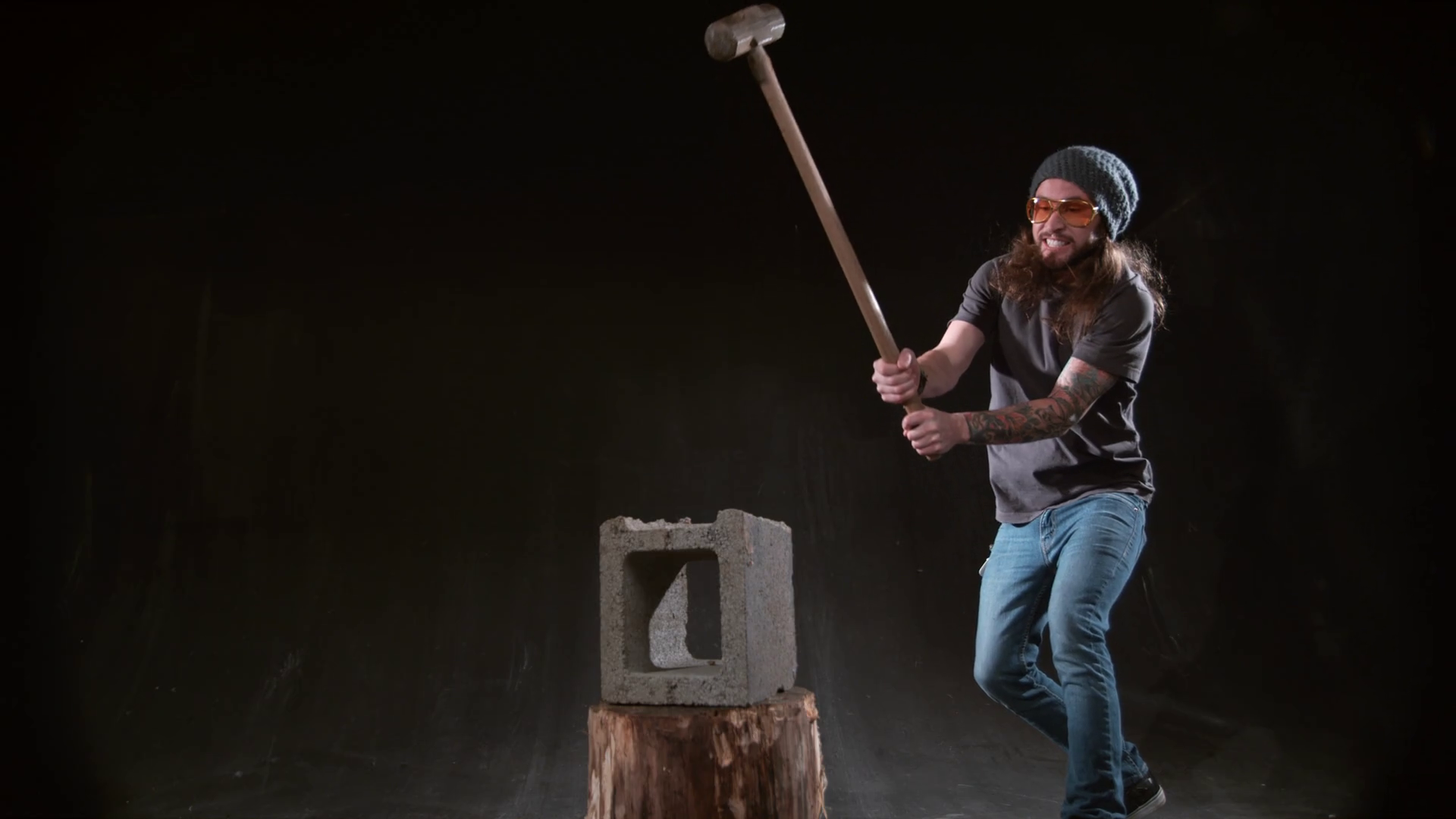 Man Smashing Cement Block With Hammer In Stock Footage SBV-347608191 ...