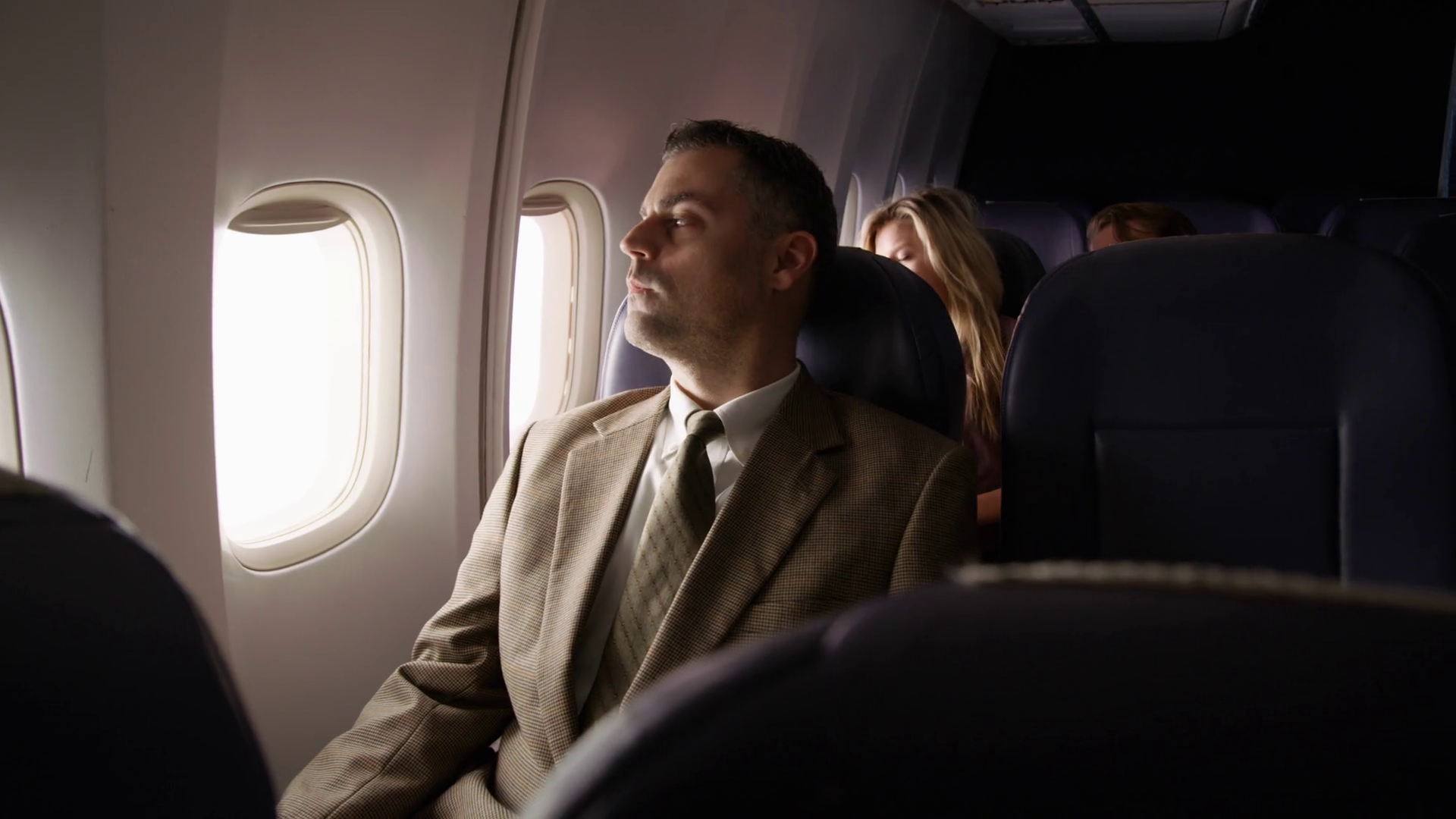 Man On Airplane Closes Window Takes Rest Stock Footage SBV-347630378 ...