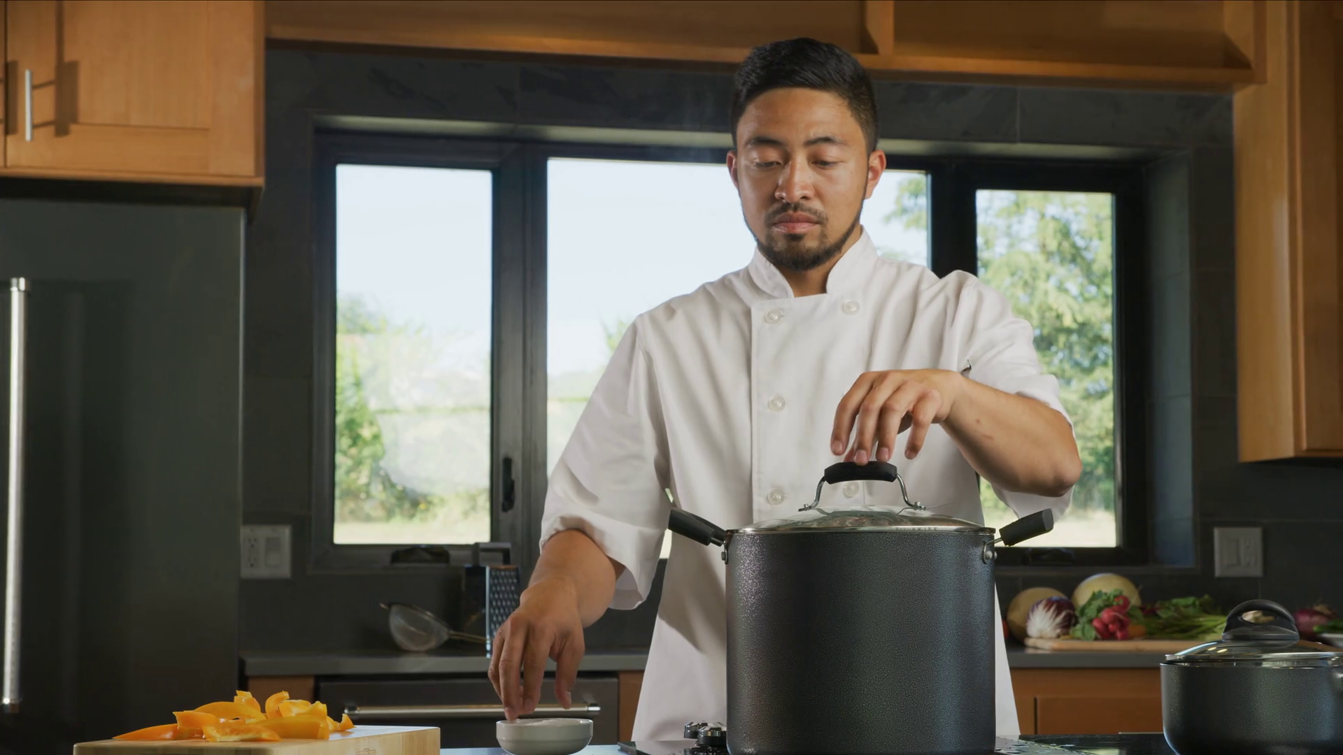 Chef Drops Seasoning Into Pot On Stove Stock Footage SBV-347698209 ...