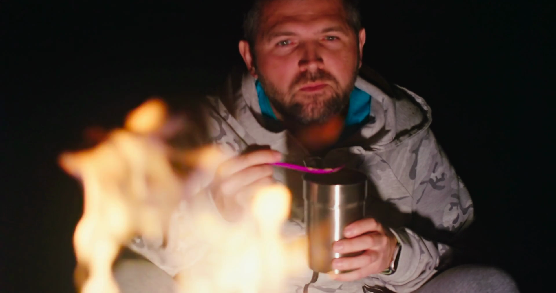 Male Hiker Enjoying Bonfire Glow At Camping Stock Footage SBV-348625977 ...