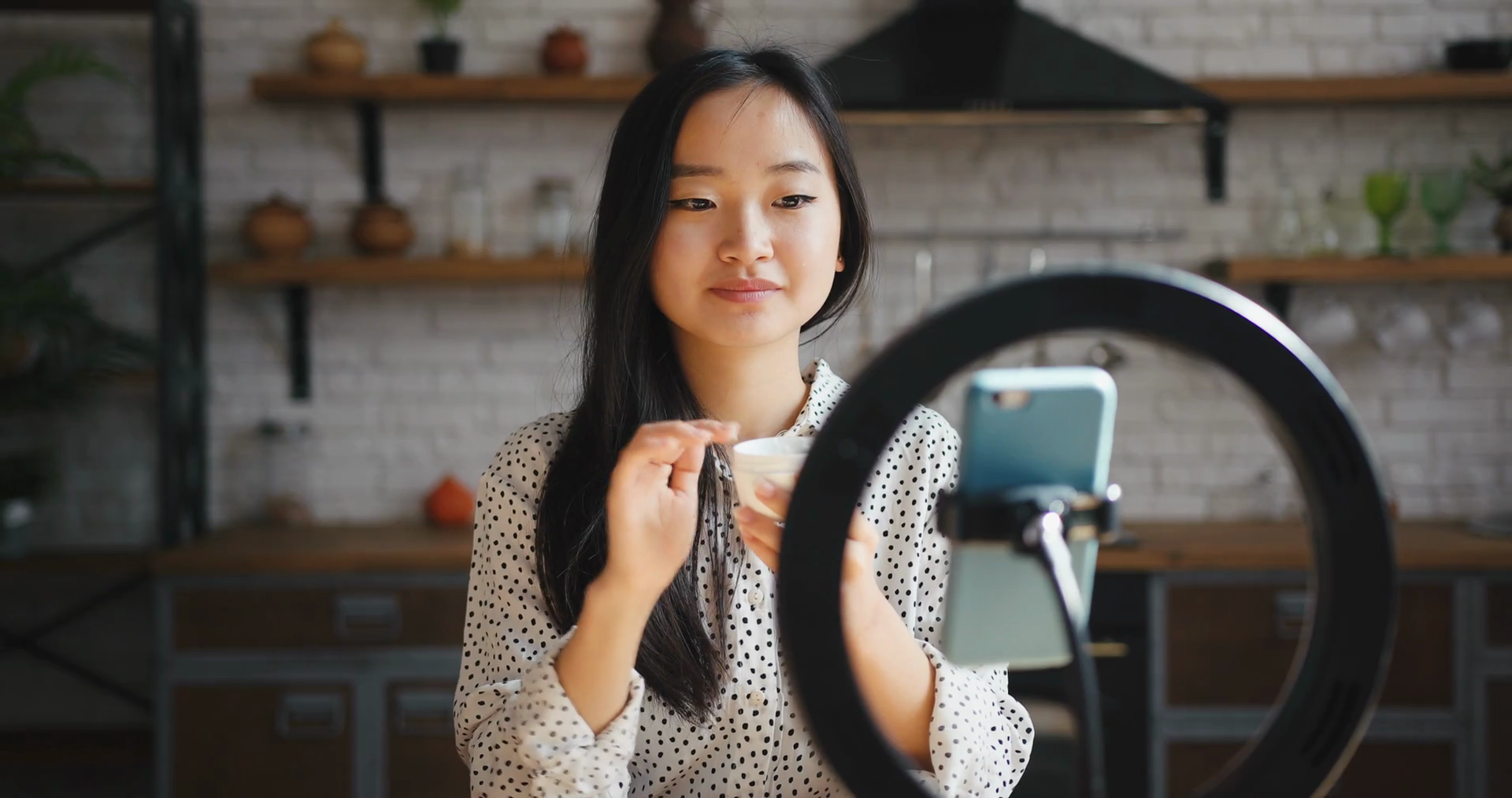 Asian korean beauty blogger woman filming daily makeup routine tutorial ...
