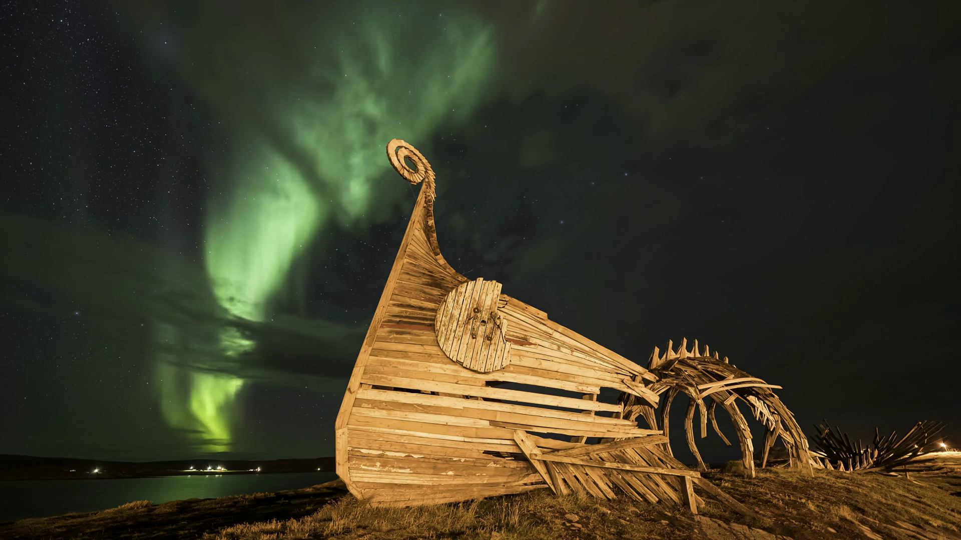 Vardo Norway: Northern Lights With Drakkar Stock Footage SBV-348372713 ...