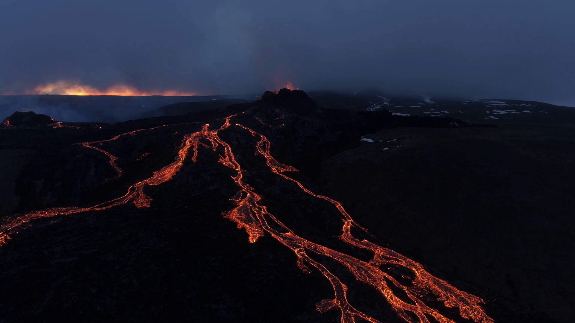 Flying Over Rivers Of Lava Toward Volcano Stock Footage SBV-348365631 ...