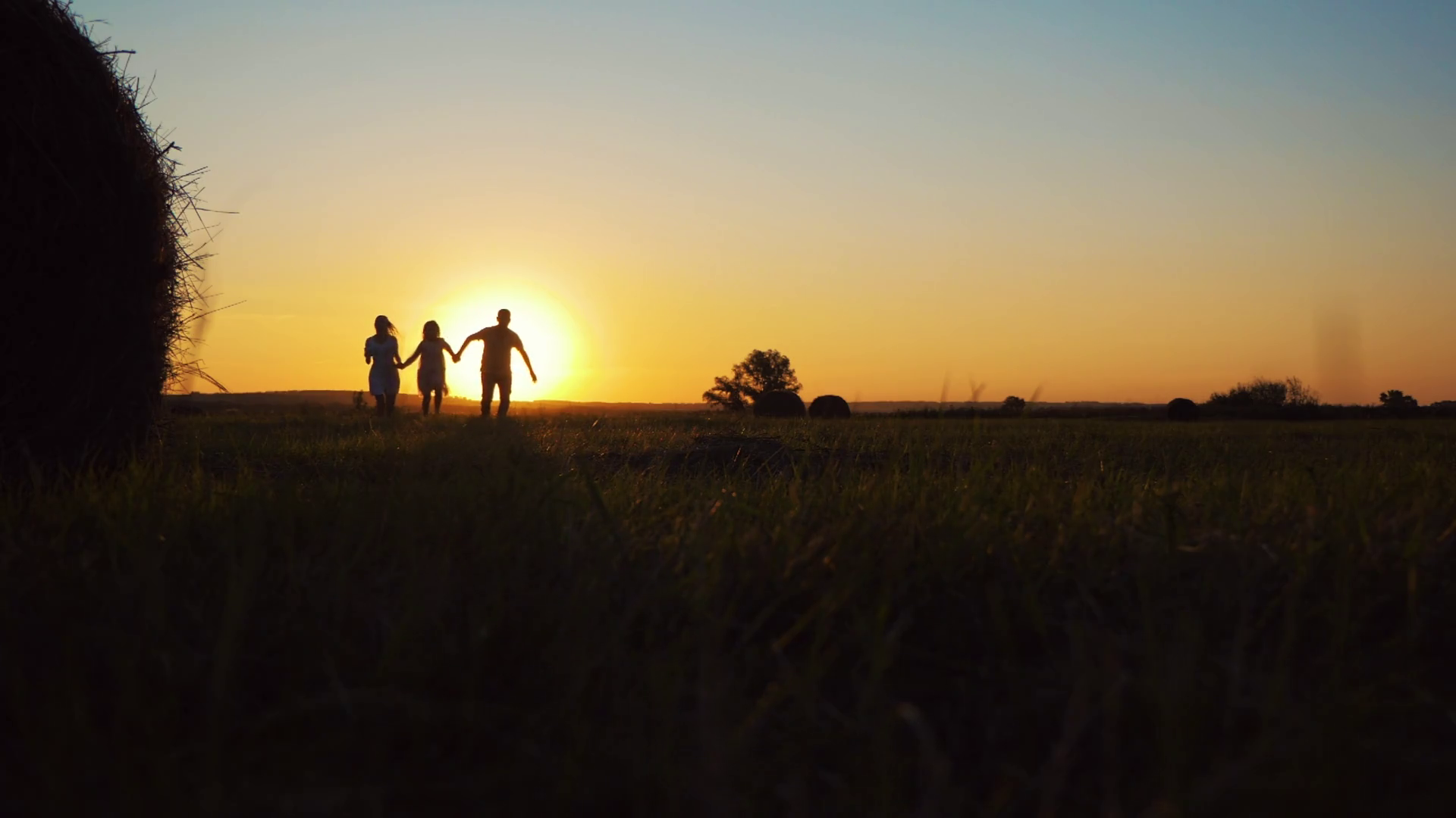 Family silhouette with sunset. Happy family playing on nature summer ...