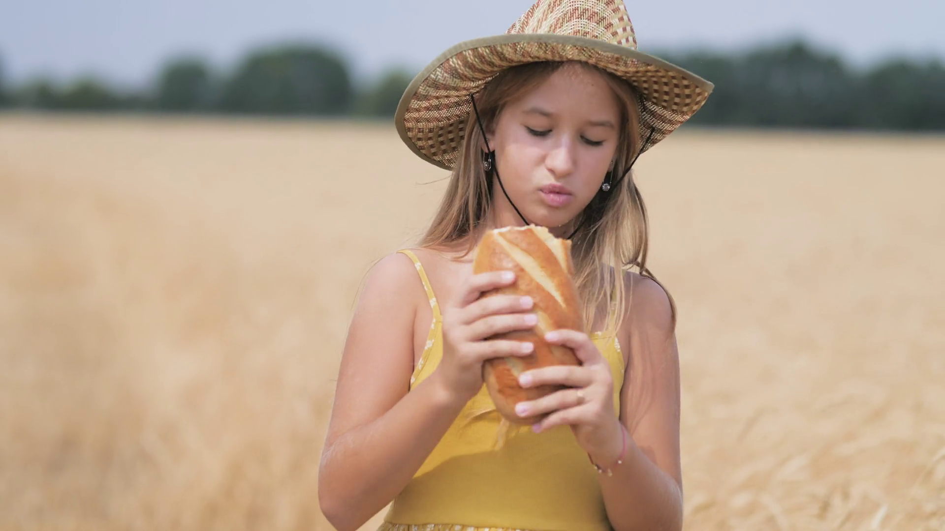 Hungry Child Eating Bread In Wheat Field Stock Footage SBV-346720405 ...