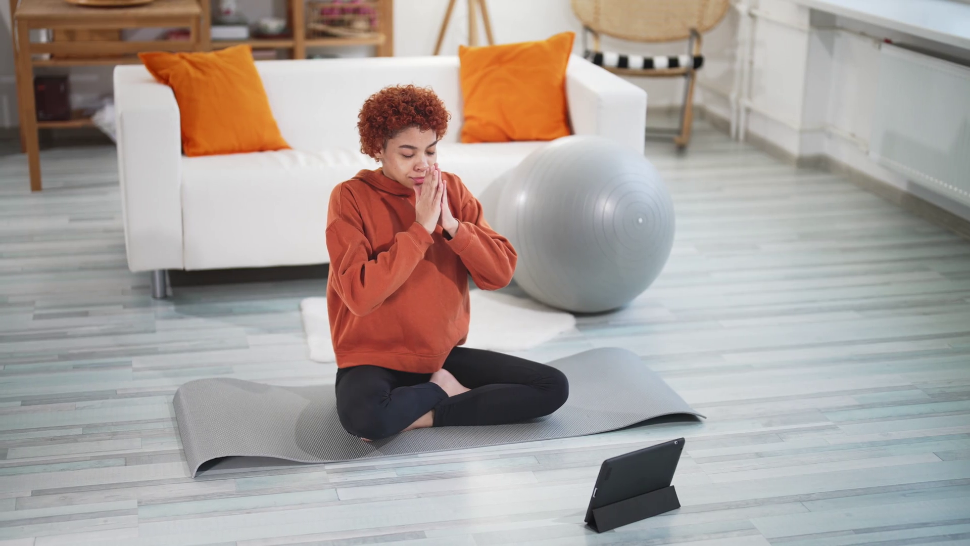 Young Woman Sit On Mat Sports In Front Of Stock Footage SBV-347472986 ...