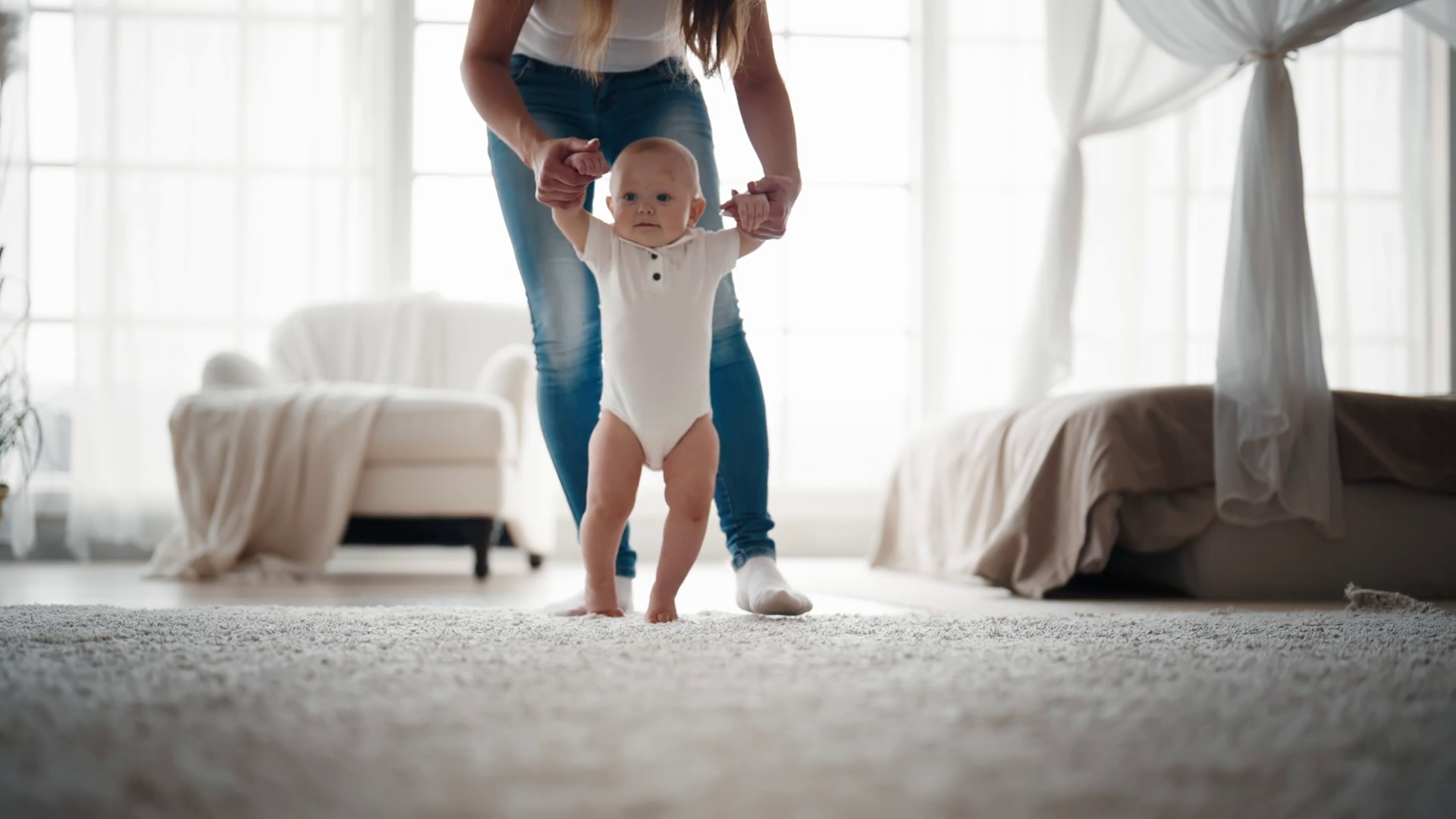 Mom Holding Hands Baby Trying To Walk In Stock Footage SBV-347559079 ...