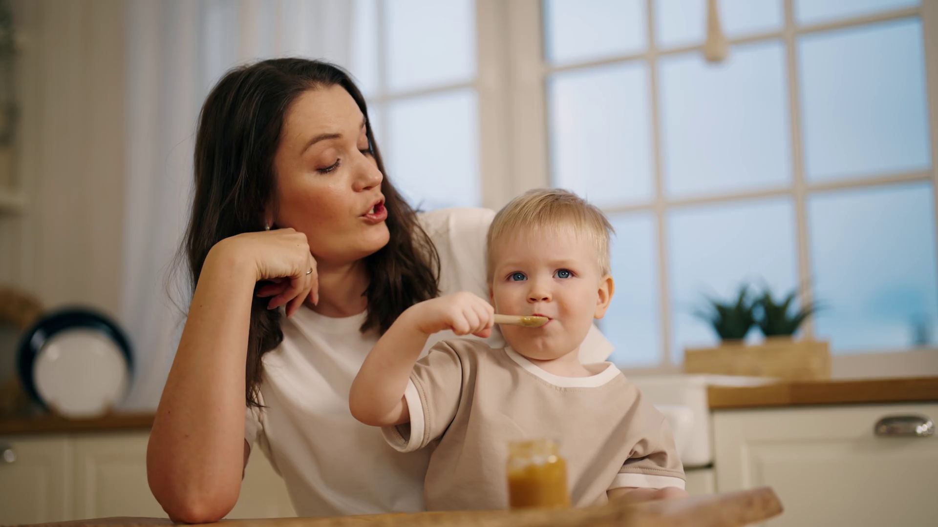 Happy Smiling Positive Mom Looks On Baby Stock Footage SBV-347563724 ...