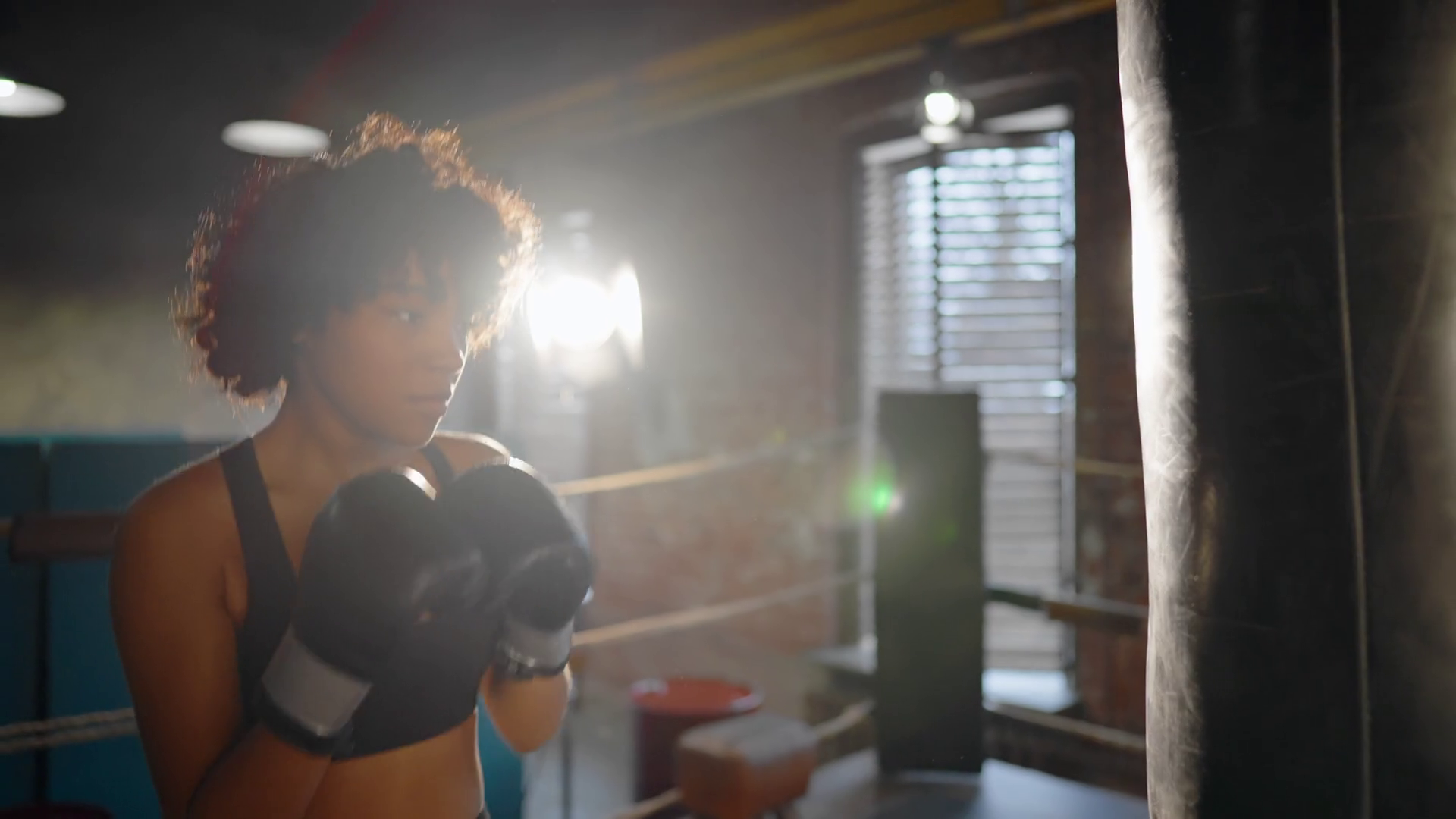 Portrait Of Woman Boxer With Curly Hair Stock Footage SBV-347613026 ...