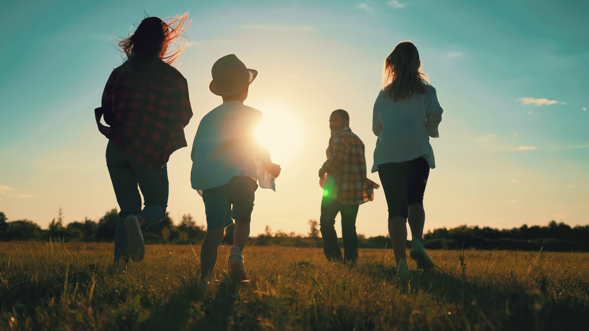 Back View Of Happy Family Running Through Stock Footage SBV-347613811 ...