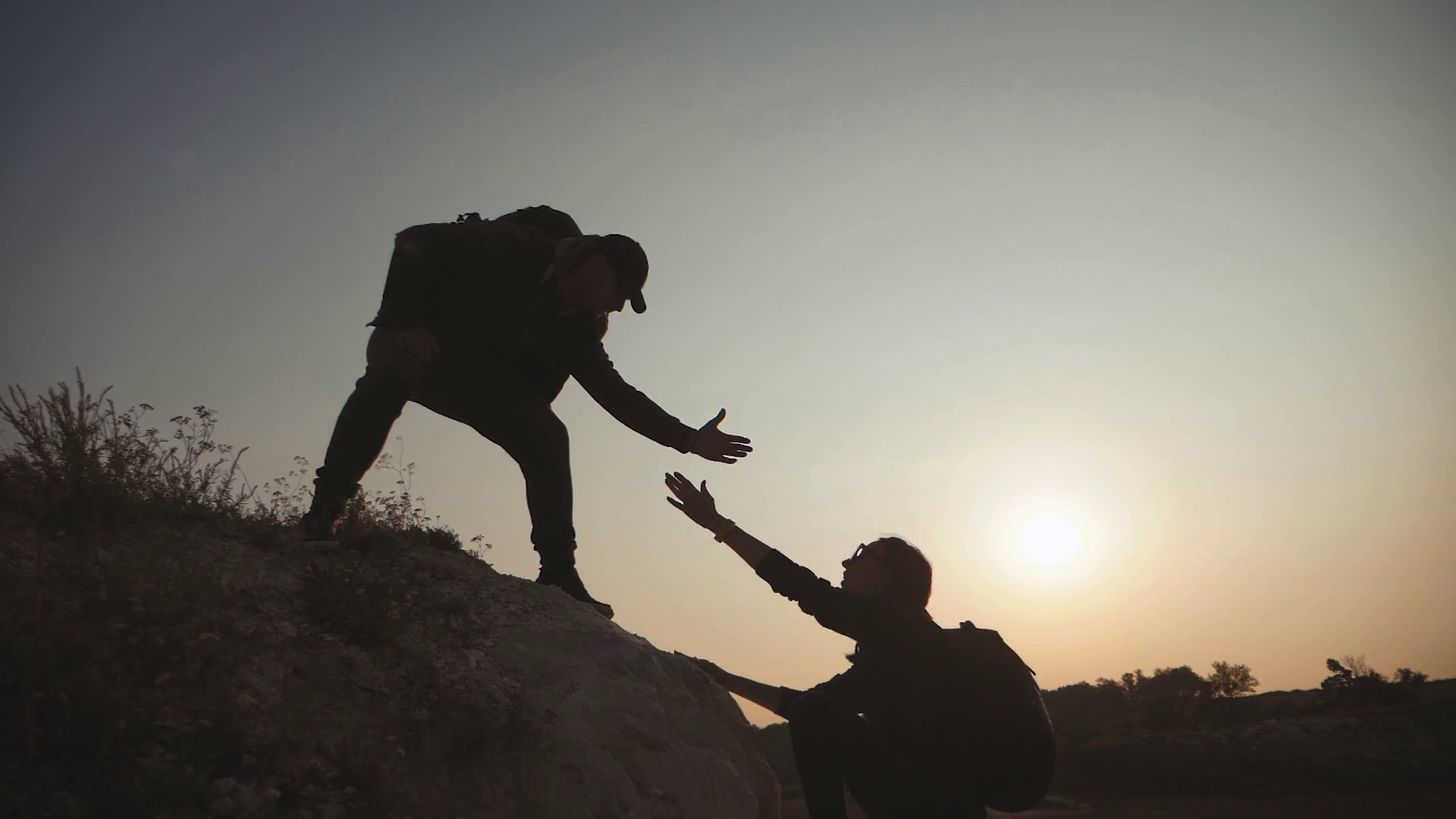 Couple Hiking Help Silhouette In Mountains Stock Footage SBV-336977018 ...