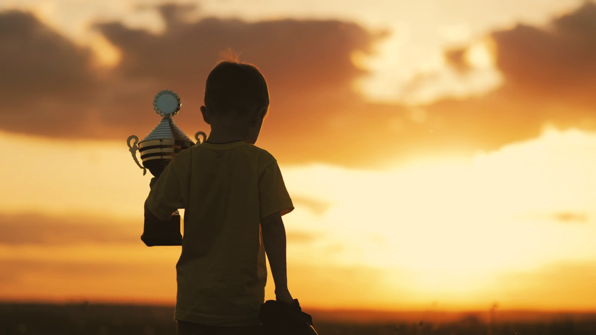 Triumphant Child With Golden Trophy Against Stock Footage SBV-346643675 ...