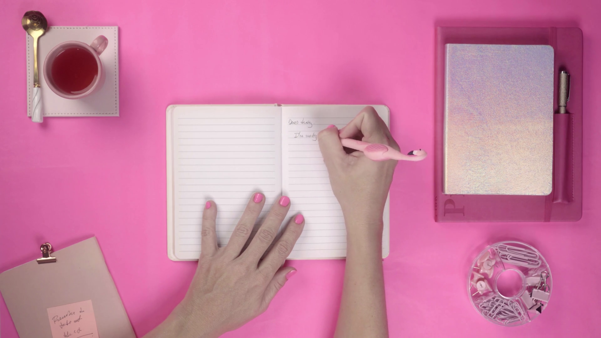 Flat Lay Top View Of Woman Writing On Pink Stock Footage SBV-348431939 ...