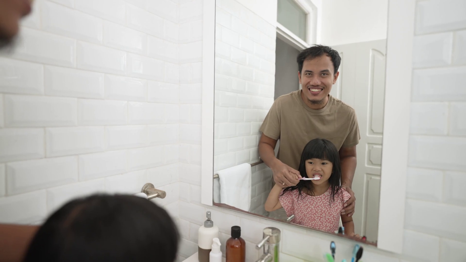 kid learn how to brush teeth with dad Stock Video Footage - Storyblocks