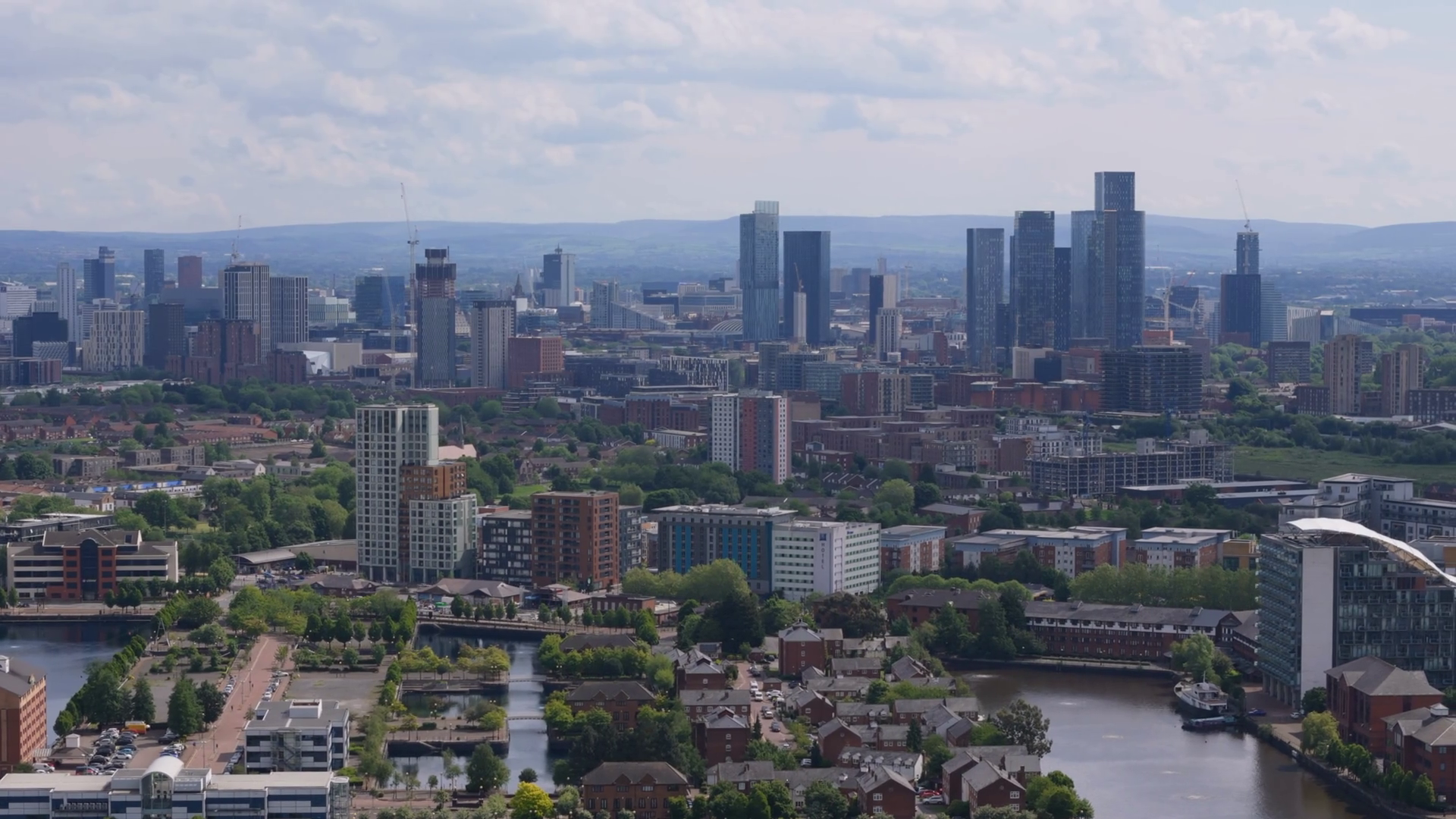 Aerial View Of Skyline Of Manchester In Stock Footage SBV-352090067 ...