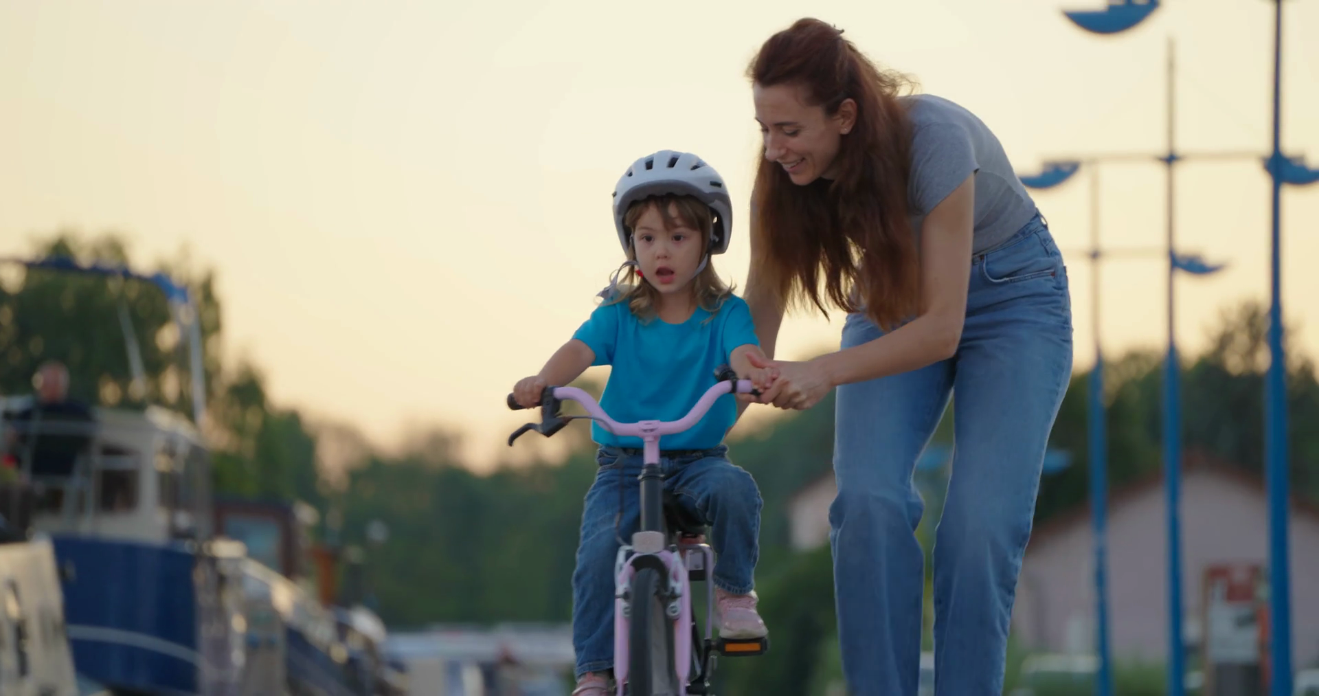 Mom Teaches Daughter To Ride Bike Happy Stock Footage SBV-348412536 ...