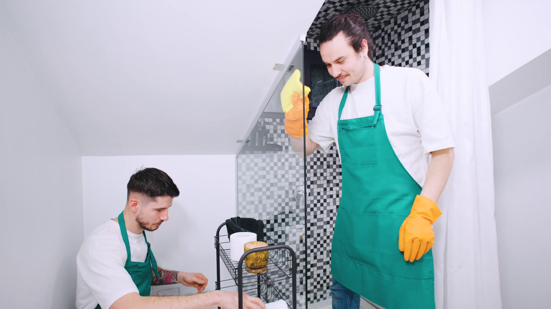 Two Men Cleaning Organizing Modern Bathroom Stock Footage SBV-351960217 ...