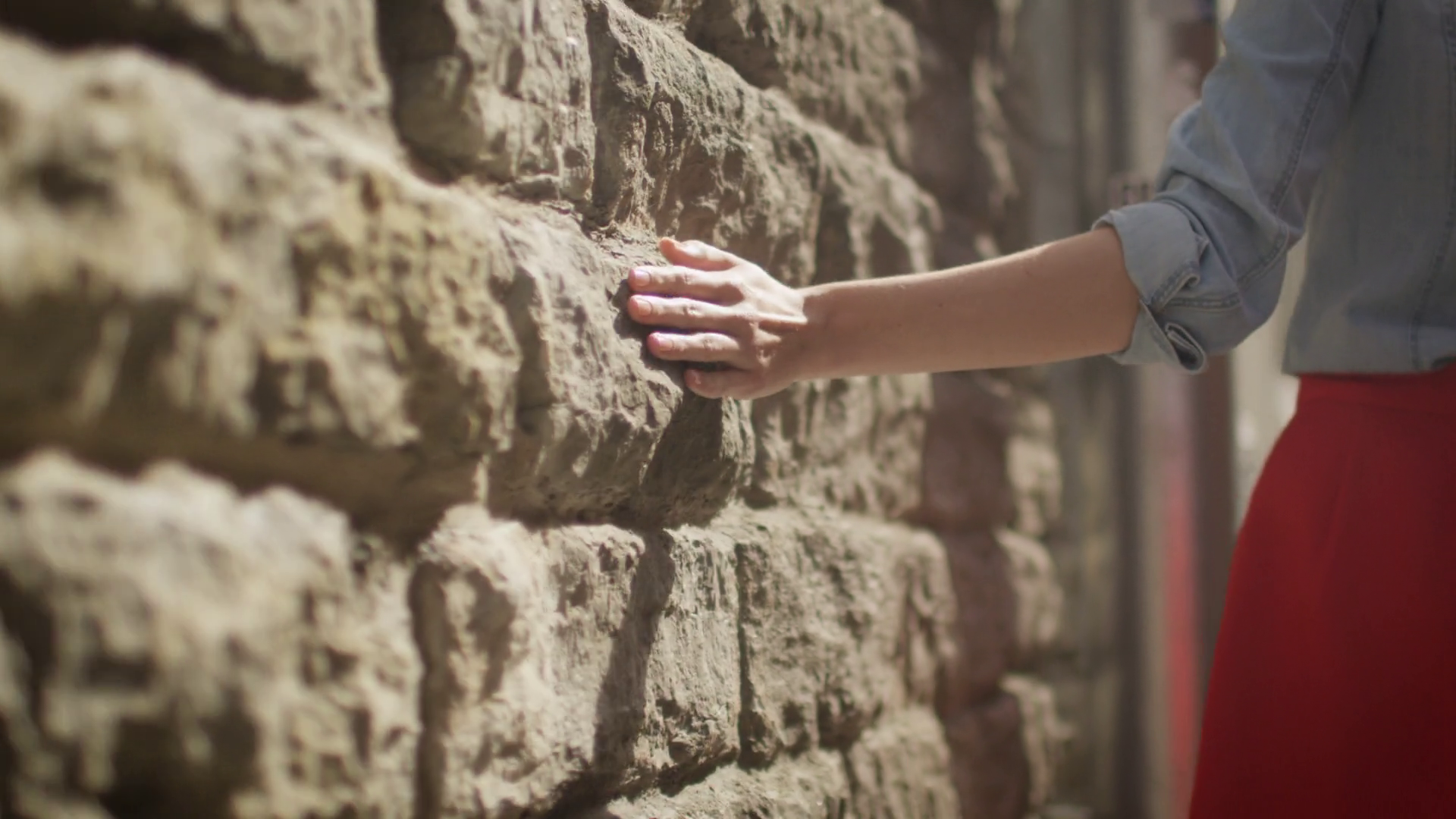 Girl Is Walking Along Wall Touching With Hand Stock Footage SBV ...