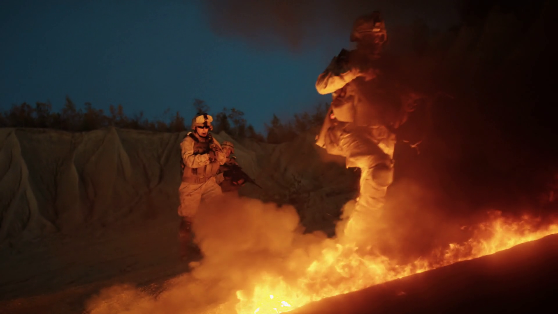 Group Of Armed Soldiers Running Through Fire Stock Footage SBV ...