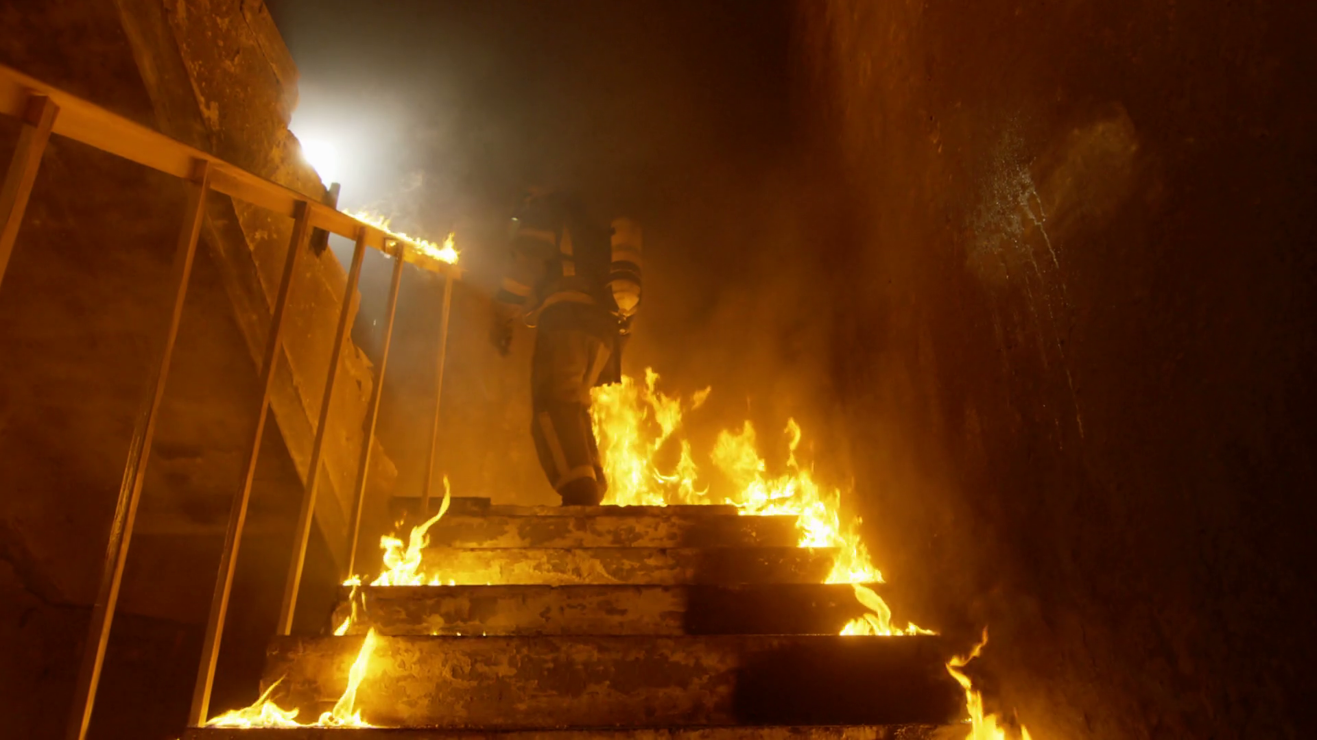 Brave Fireman Runs Up Burning Stairs Fire Is Stock Footage SBV ...