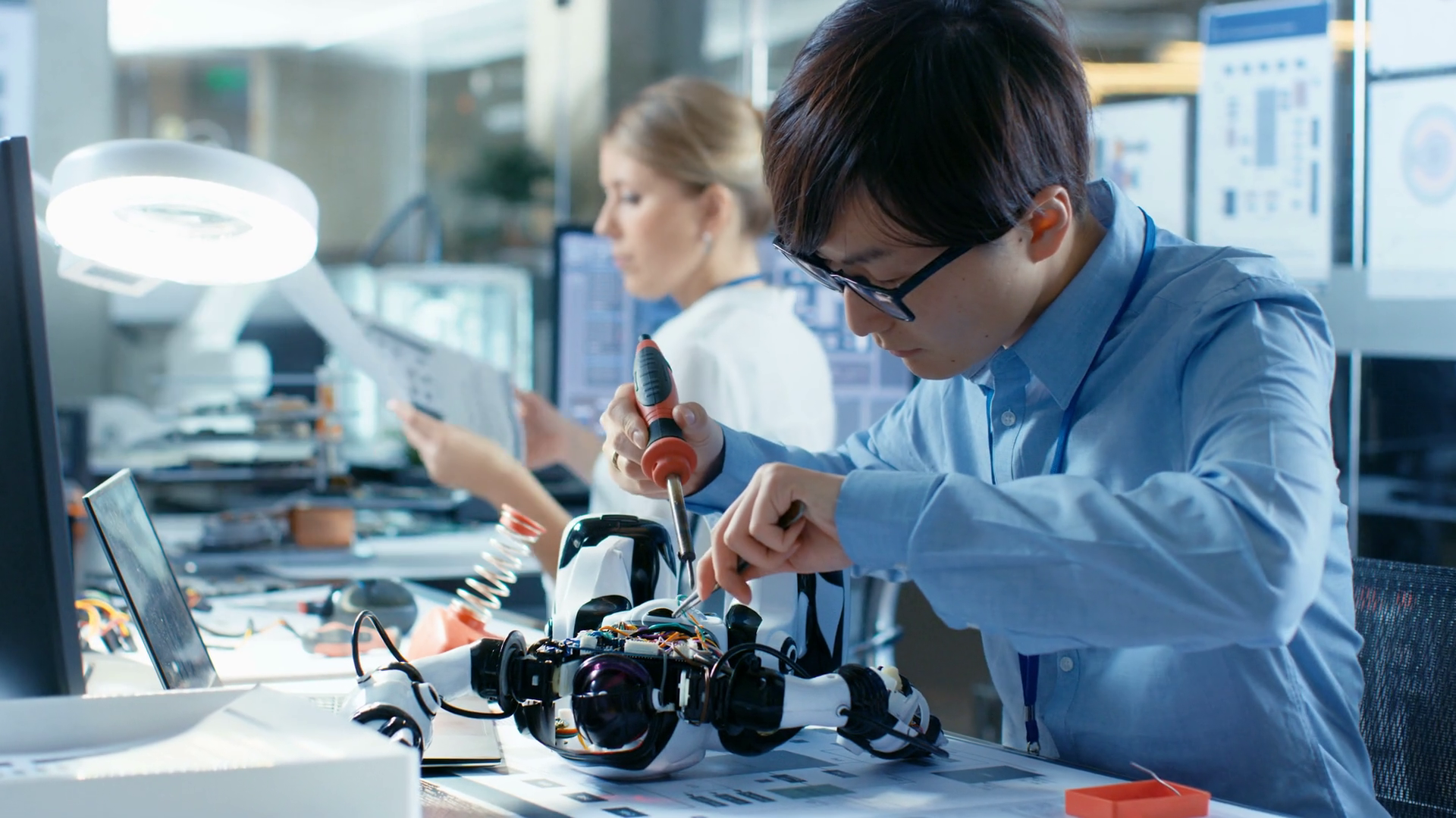 Electronics Engineer Works With Robot Stock Footage SBV-353228742 ...