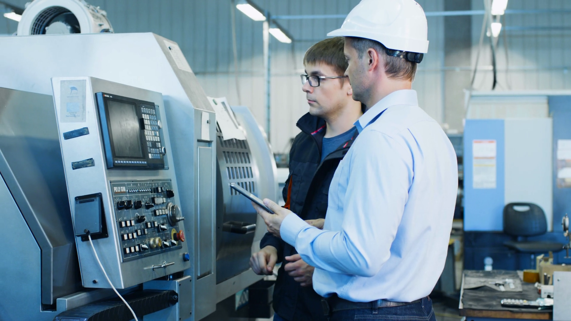 Engineer Factory Worker Are Setting Up Cnc Stock Footage SBV-351895127 ...
