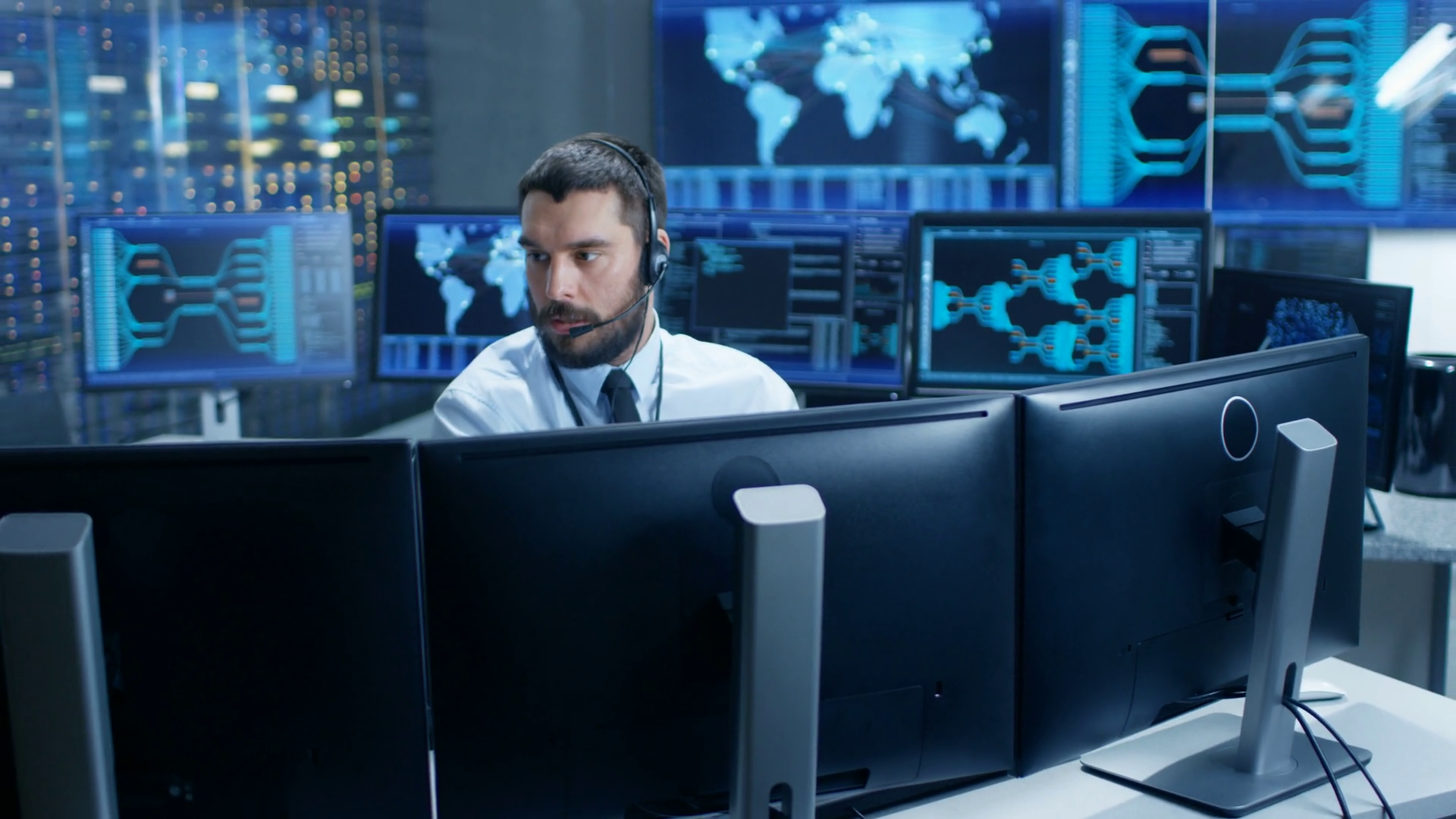 In System Monitoring Room Dispatcher Wearing Stock Footage SBV ...