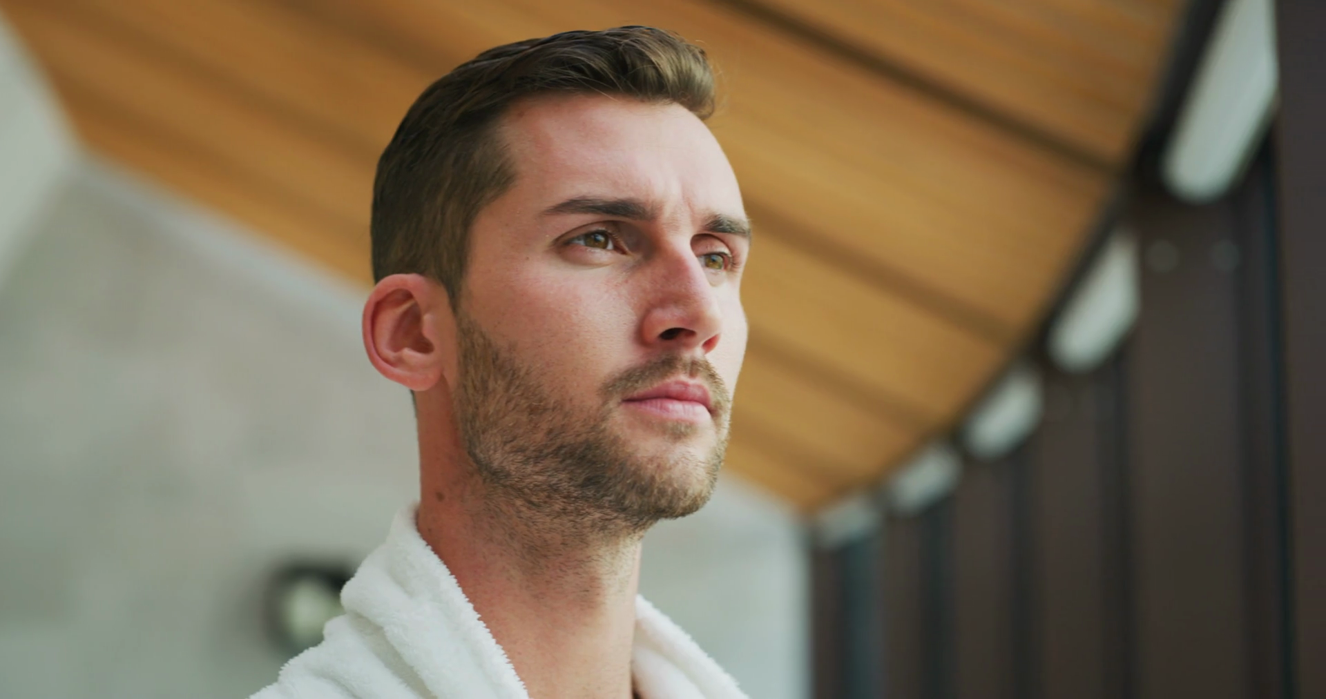 Portrait Of Young Man In White Bathrobe Is Stock Footage SBV-348620258 ...