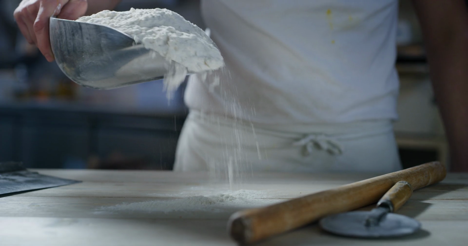 A Baker Prepares Flour On Traditional Wooden Stock Footage SBV ...
