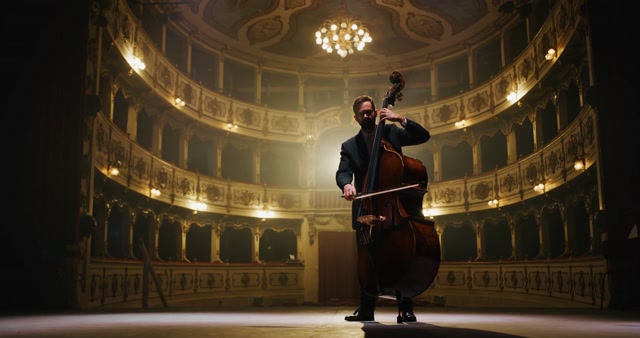 Talented Cellist In Black Suit Playing Cello On Scene Of Opera House ...