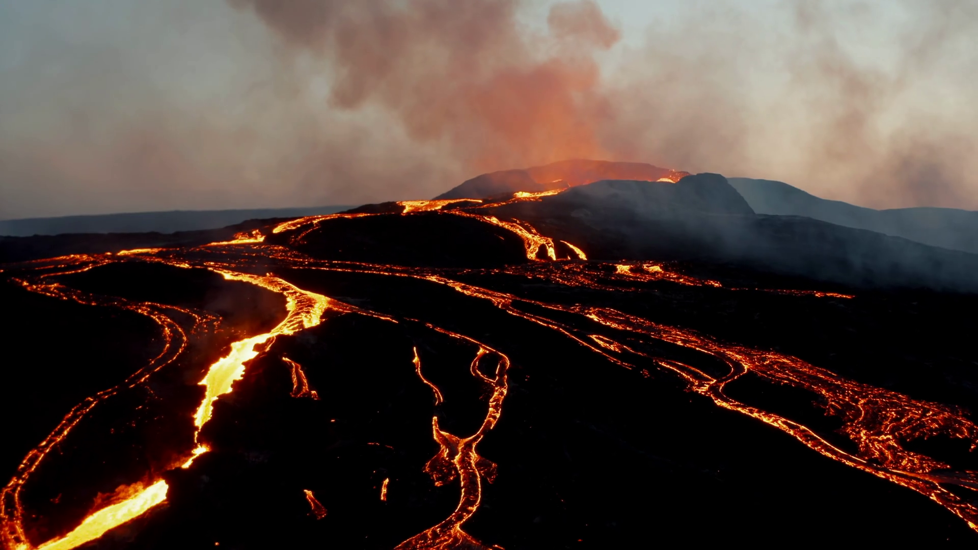 Fly Over Lava Flowing Down From Crater Stock Footage SBV-347682662 ...